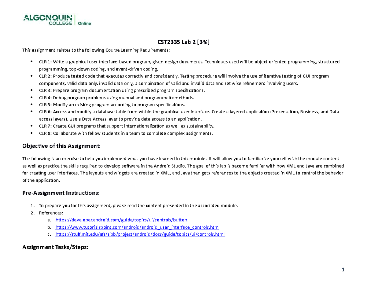 CST2335 Lab 2 Instructions - CST2335 - Algonquin College - Studocu