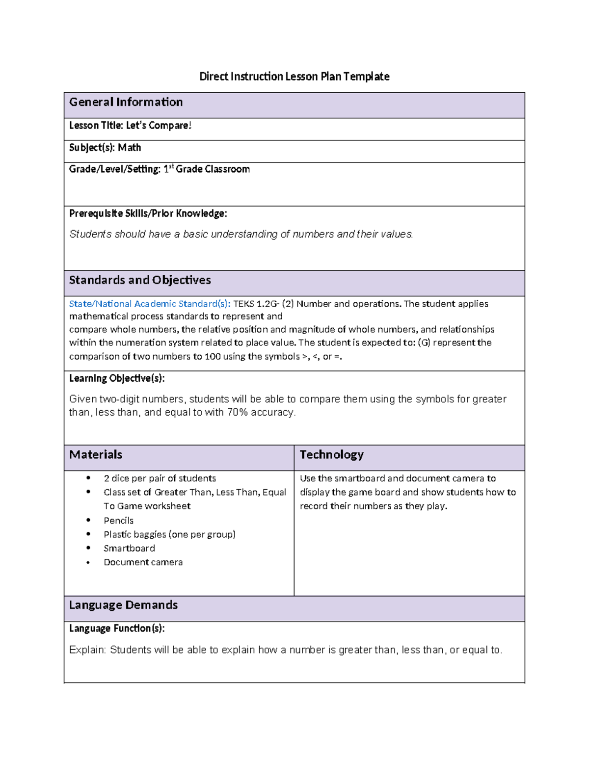Math methods lesson plan - Direct Instruction Lesson Plan Template ...