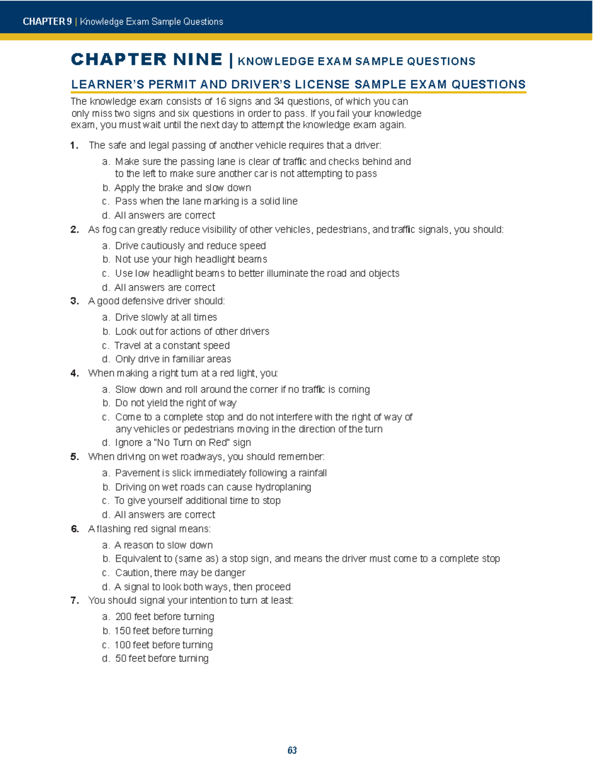 Drivers Manual Chapter 9 - 63 CHAPTER 9 | Knowledge Exam Sample ...