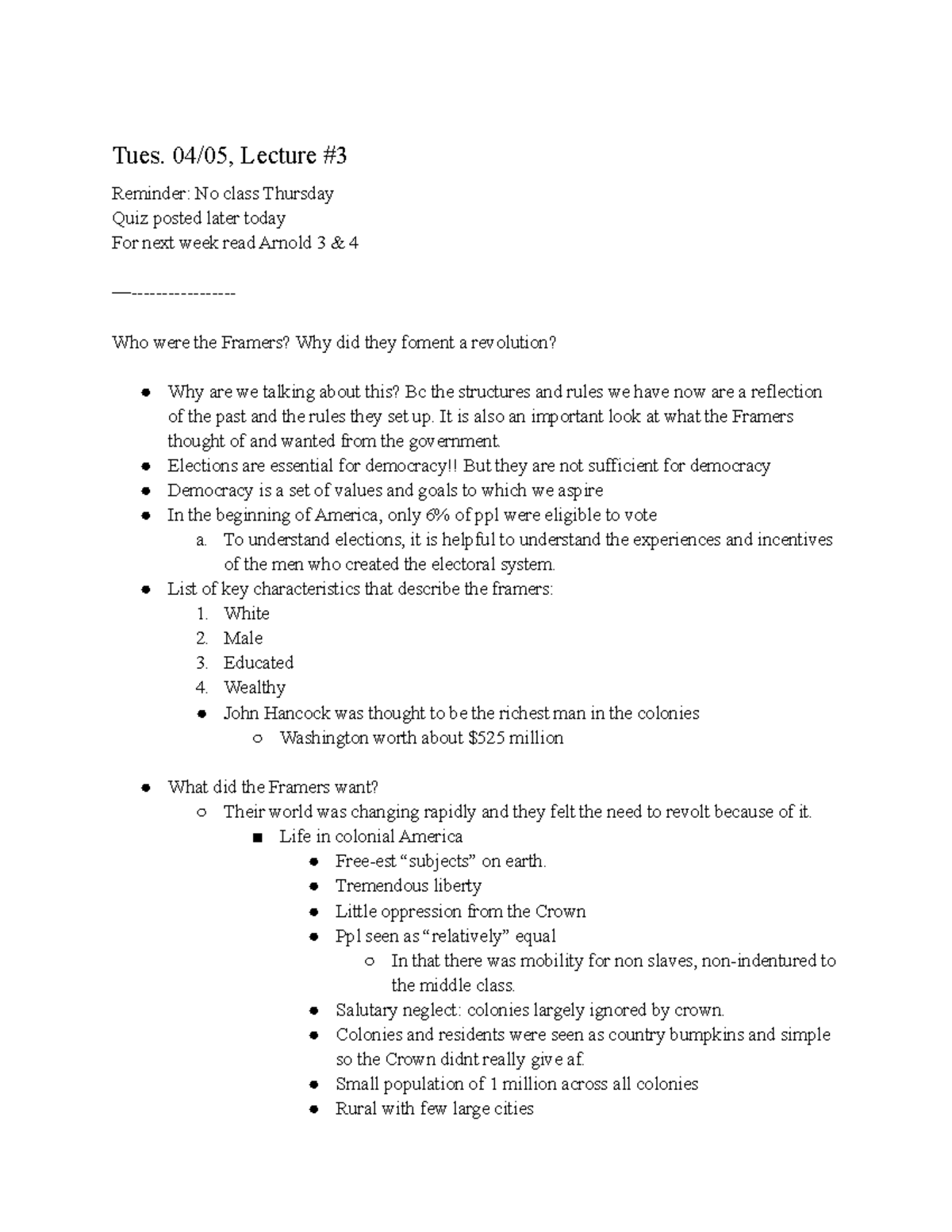 POSC148S Lecture notes - Tues. 04/05, Lecture Reminder: No class ...
