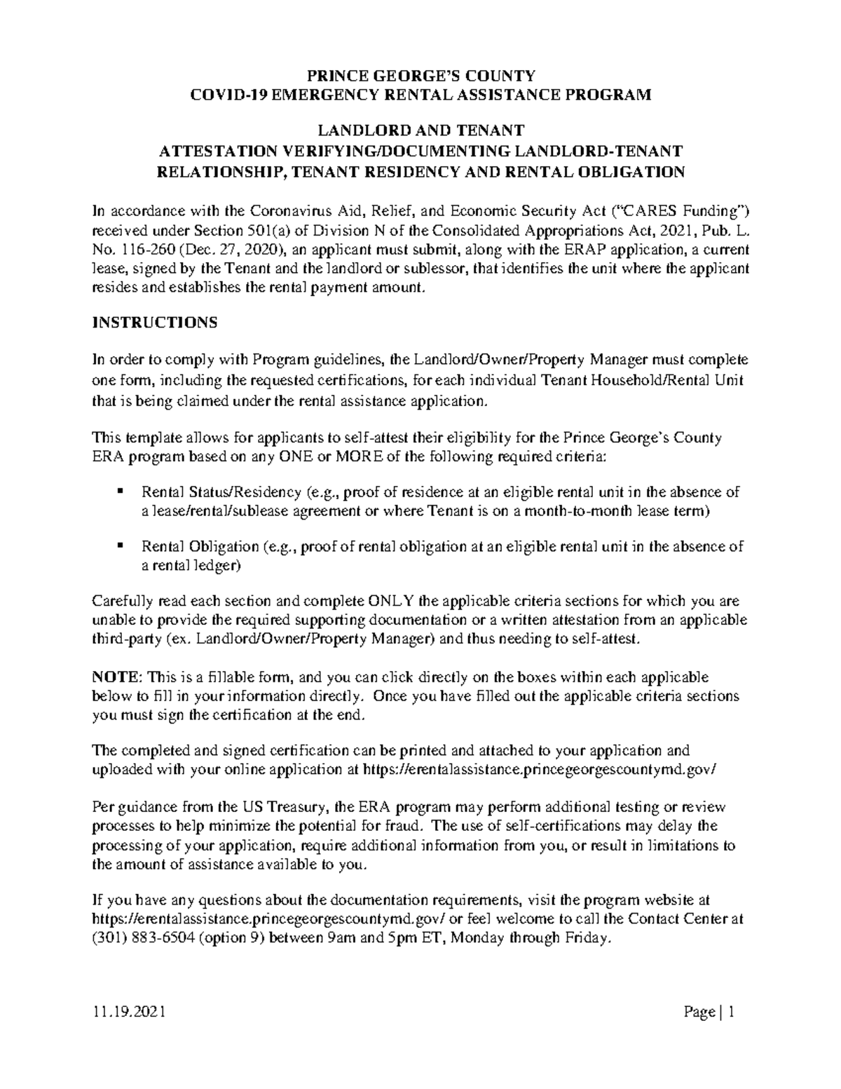 ERA Program - Tenant Eligibility Attestation ) (19) N - COVID-19 ...
