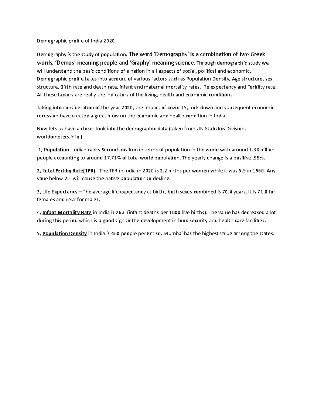 Demographic profile of India 2020 - The word ‘Demography’ is a ...