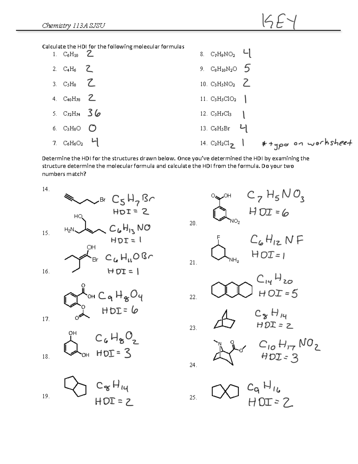 HDI Practice Problems Key - Chemistry 113A SJSU Calculate the HDI for ...