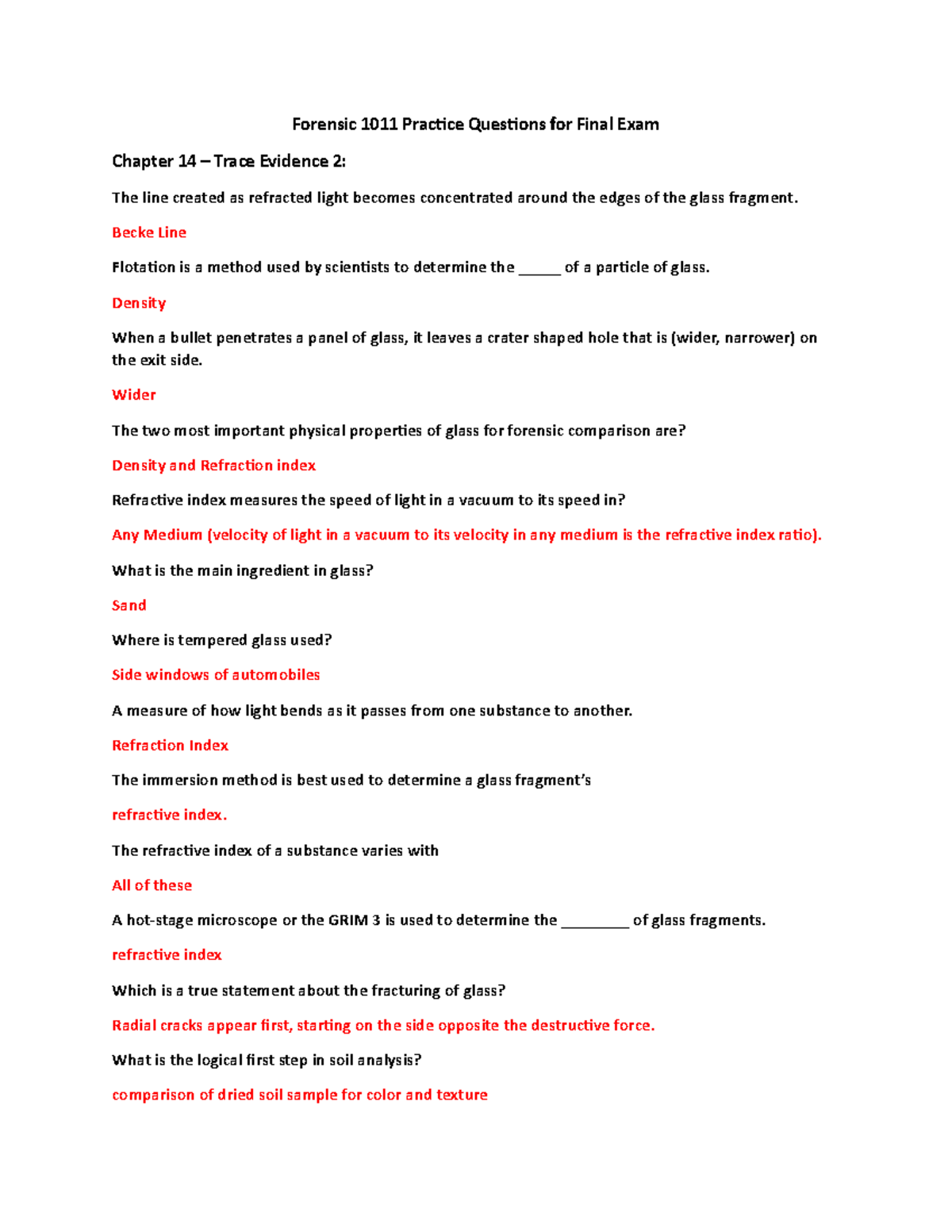 Forensic 1011 Practice Questions for Final Exam - Becke Line Flotation ...