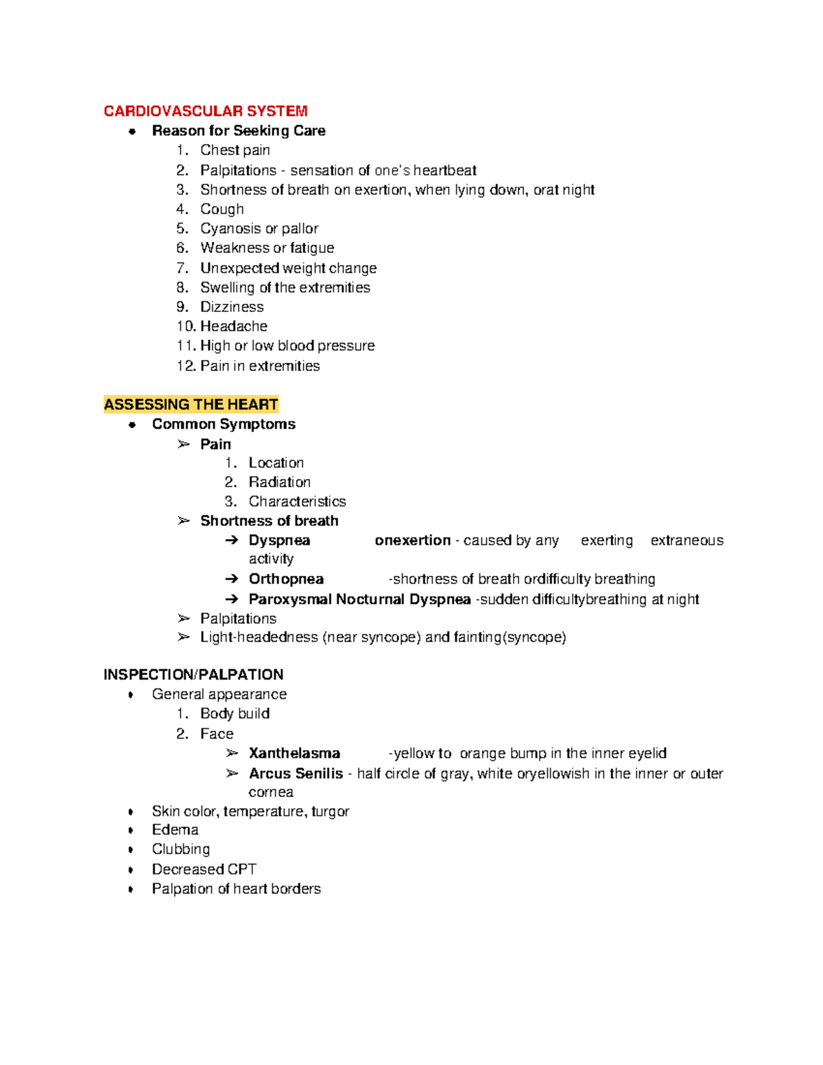 Nursing Notes 27 - CARDIOVASCULAR SYSTEM Reason for Seeking Care 1 ...