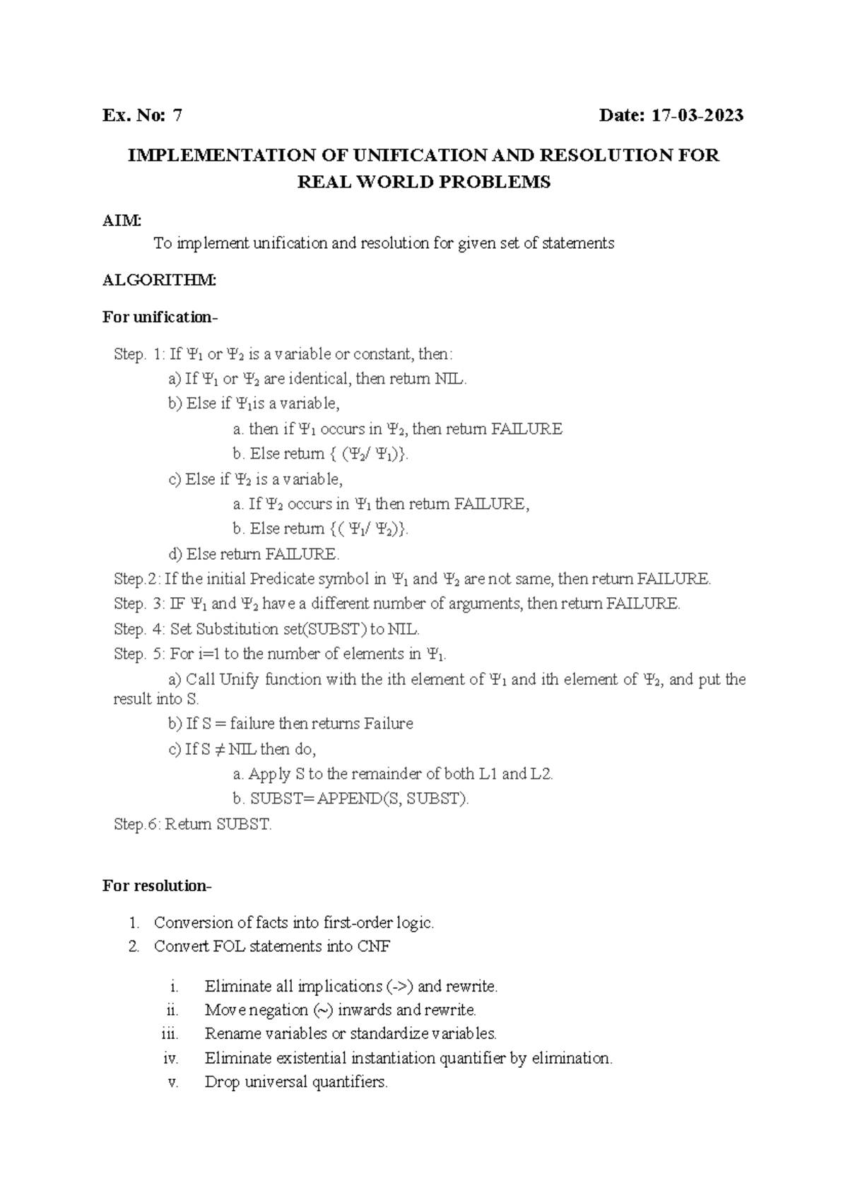 AI Exp-7 - IT WILL HELP - Ex. No: 7 Date: 17-03- IMPLEMENTATION OF UNIFICATION AND RESOLUTION ...