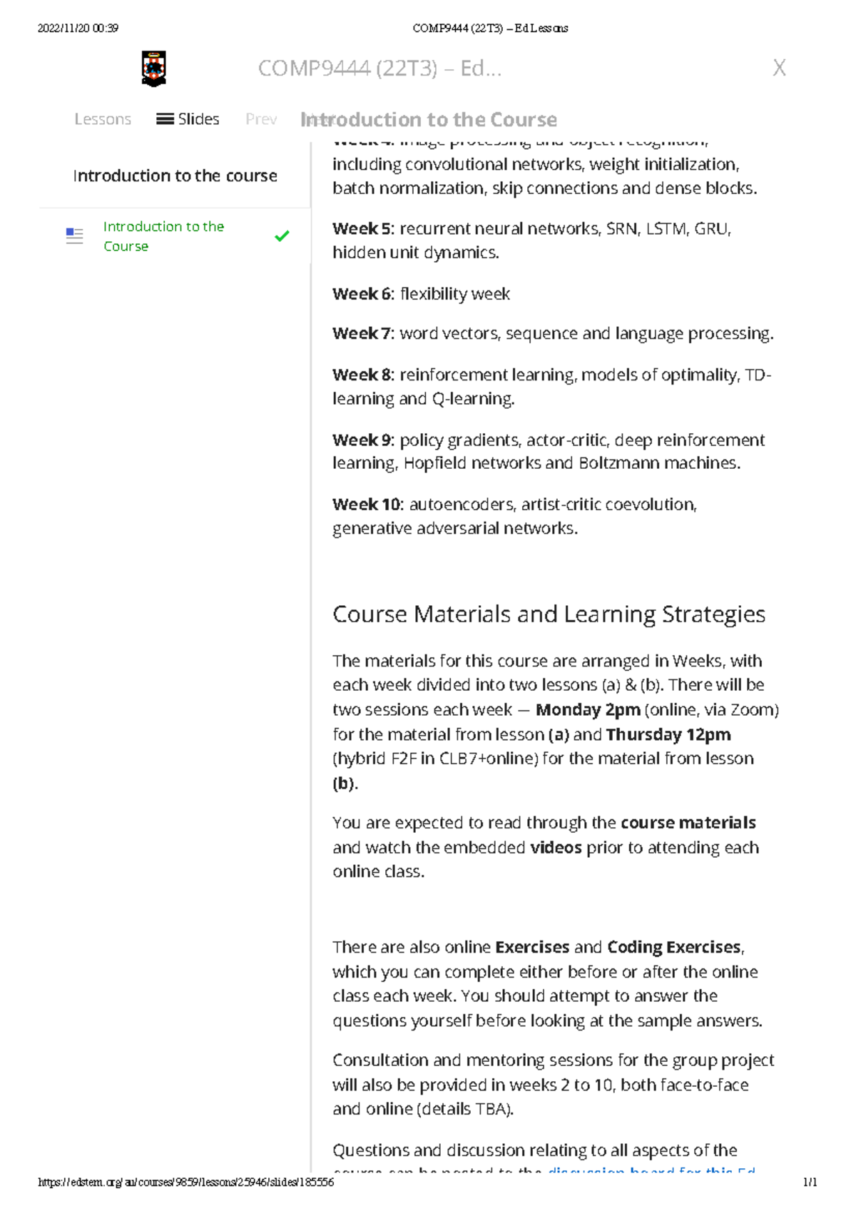 COMP9444 (22T3) – Ed Lessons - 2022/11/20 00:39 COMP9444 (22T3) – Ed Lessons - Studocu