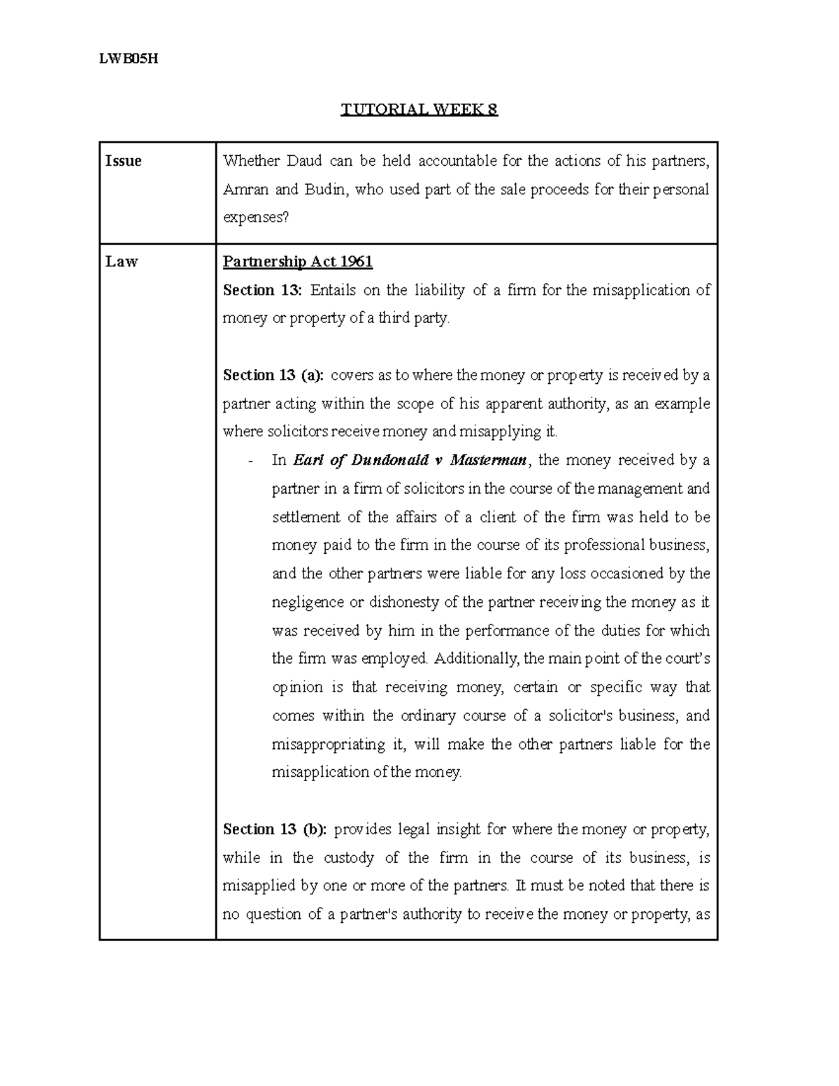 Tutorial LAW649 - TUTORIAL WEEK 8 Issue Whether Daud can be held accountable for the actions of ...