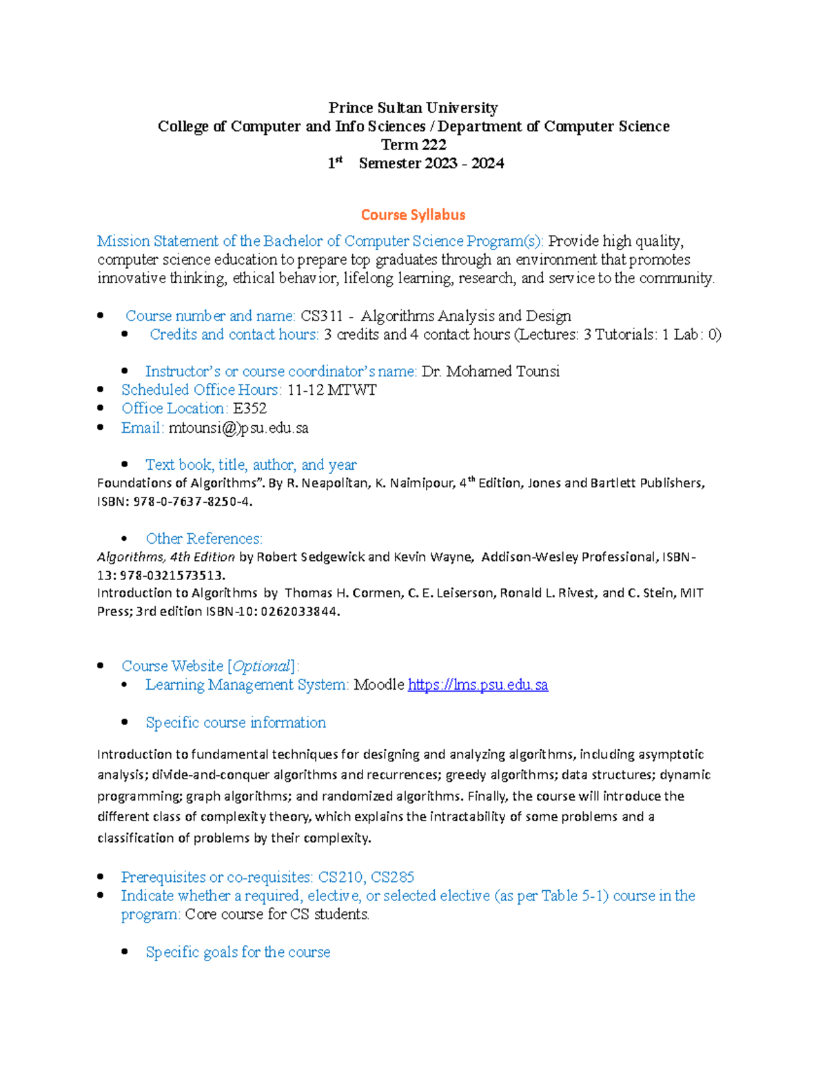 222 CS311 Course Syllabus - Prince Sultan University College of ...