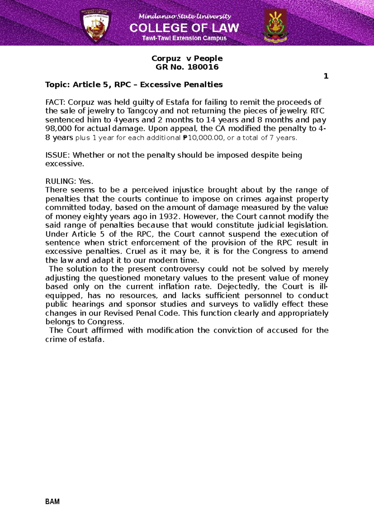 Finals 50 Digests - Corpuz v People GR No. 180016 1 Topic: Article 5 ...
