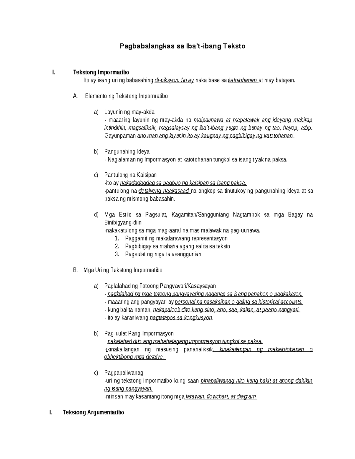 Balangkas ( Pagpag) - Pagbabalangkas sa Iba’t-ibang Teksto I. Tekstong ...