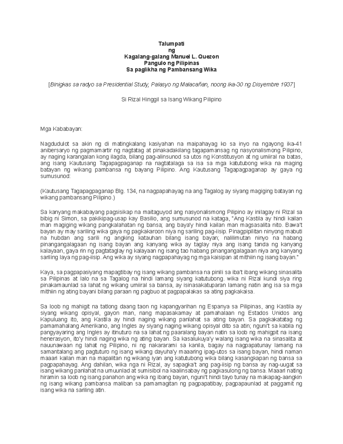 2014 05240 Talumpati Ni Manuel Quezon - Talumpati ng Kagalang-galang ...