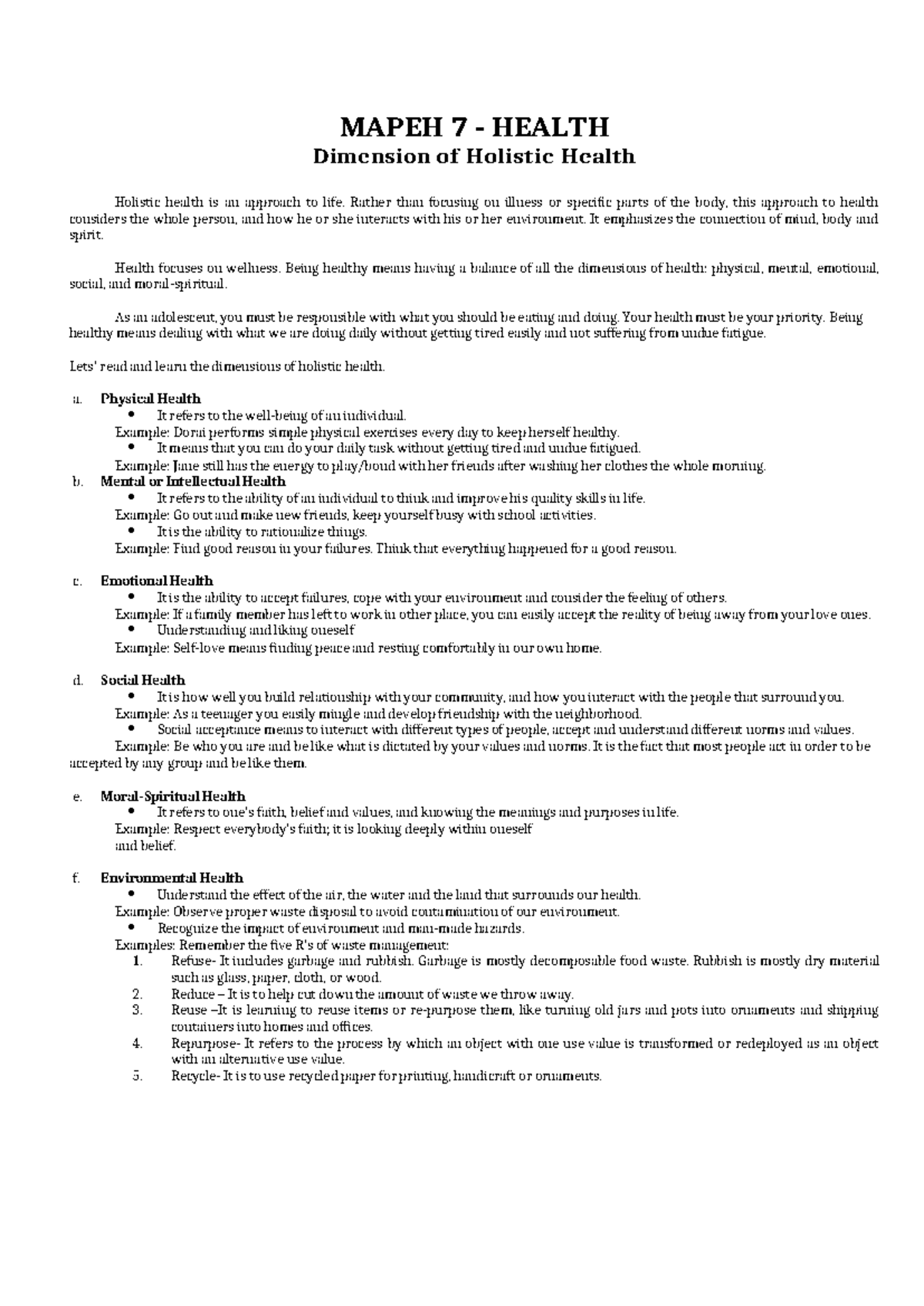 Mapeh 7 Dimension of Holistic Health - MAPEH 7 - HEALTH Dimension of ...