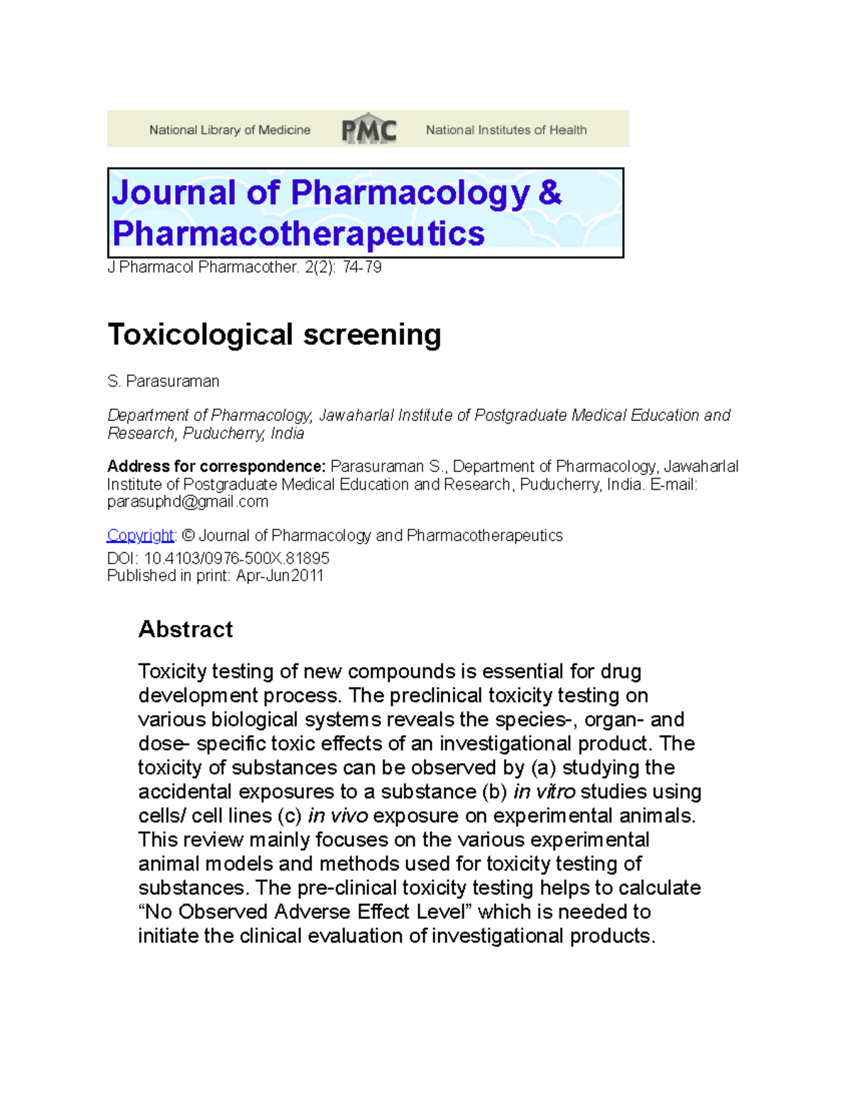 Toxicological screening - Journal of Pharmacology ...