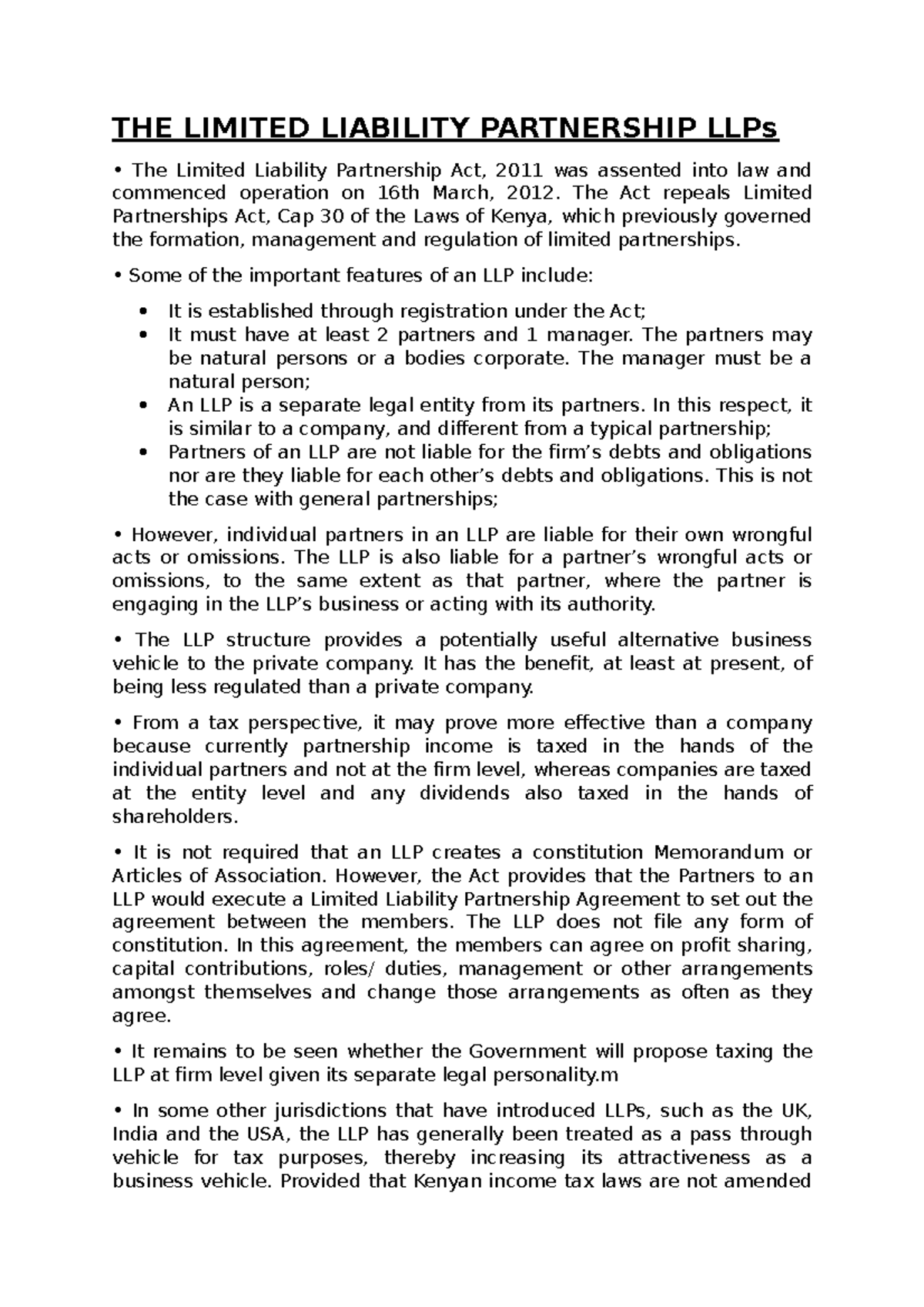 Partnership LLP notes - THE LIMITED LIABILITY PARTNERSHIP LLPs The ...