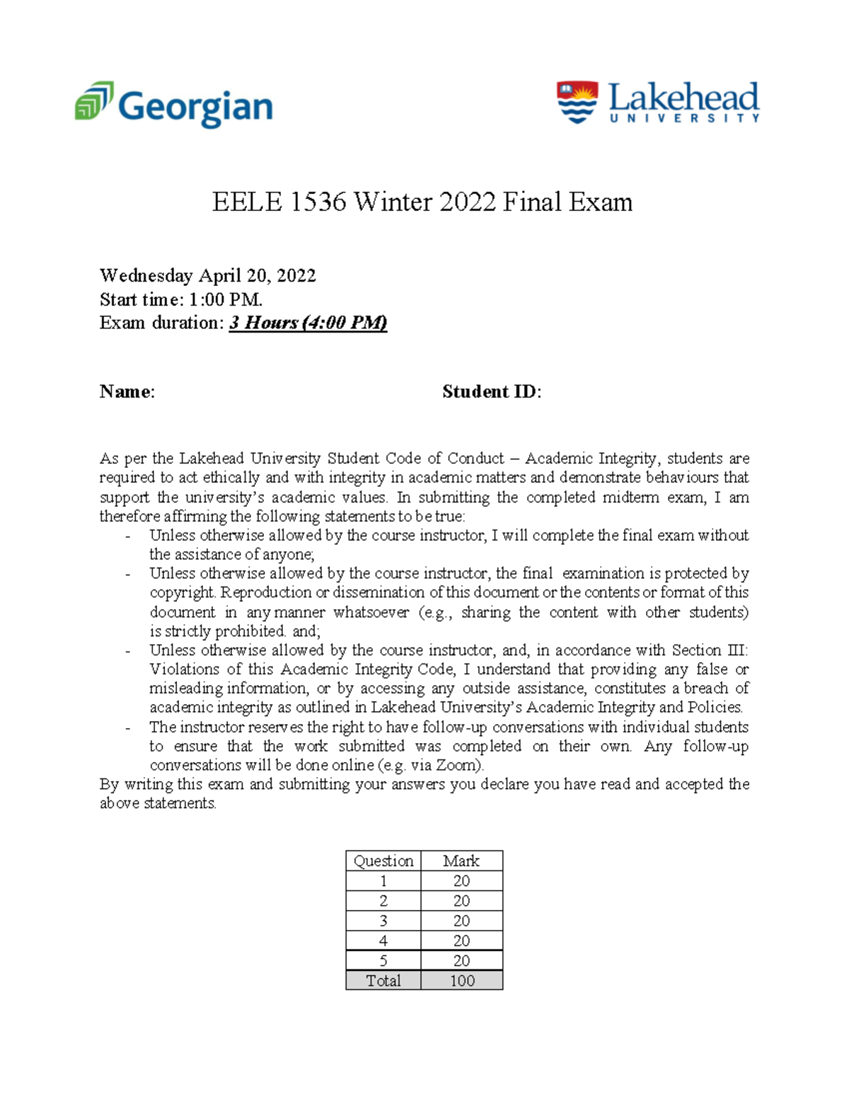 Final Exam 2022 EELE II - 2022 Exam questions - EELE 1536 Winter 2022 ...