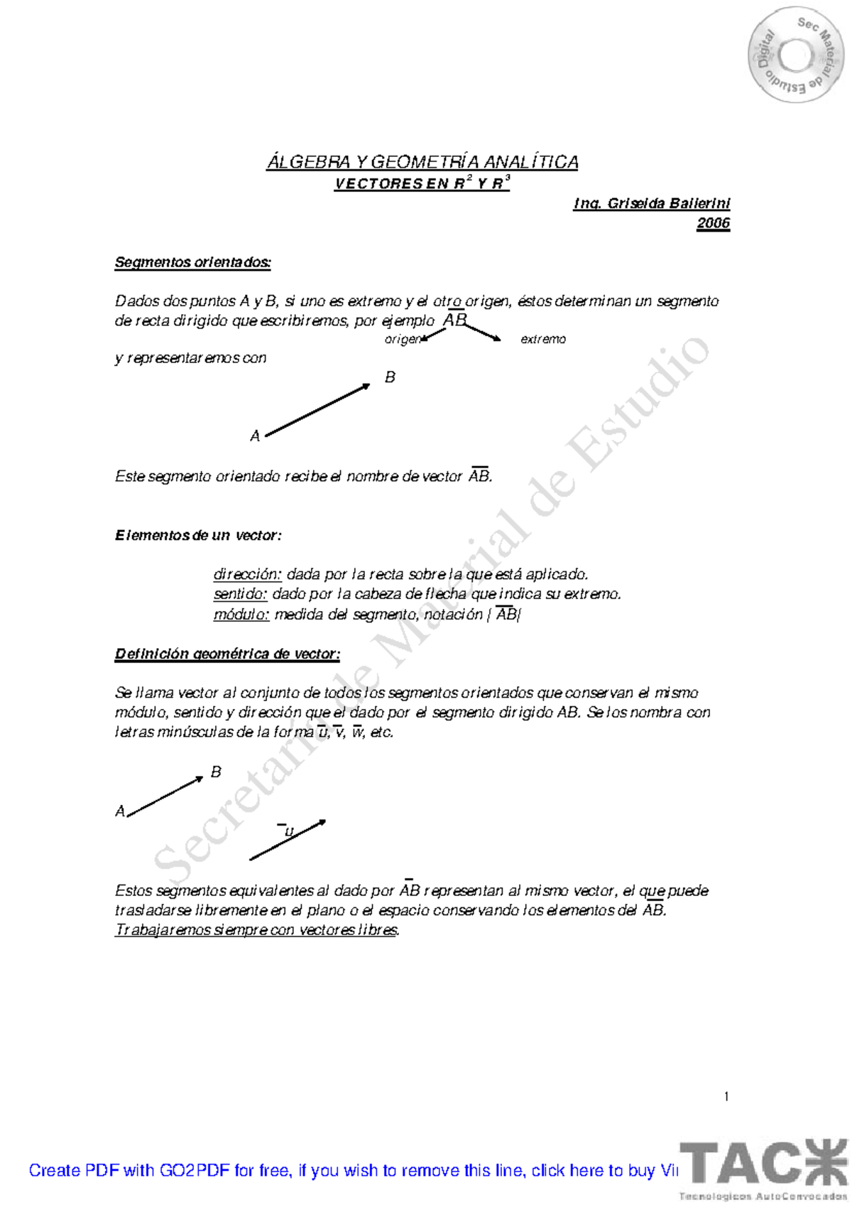 Resumen de la Teoria de Vectores - Secretaría de Material de Estudio 1 ...