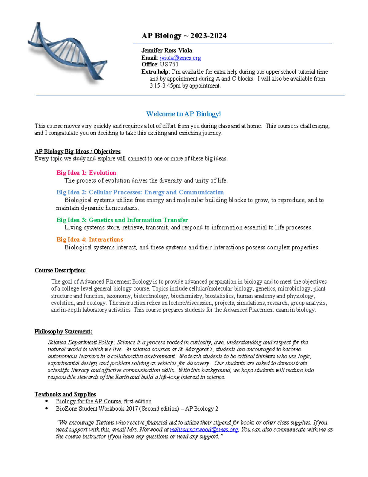 Syllabus-2023-2024 - good notes - AP Biology ~ 2023- Jennifer Ross ...