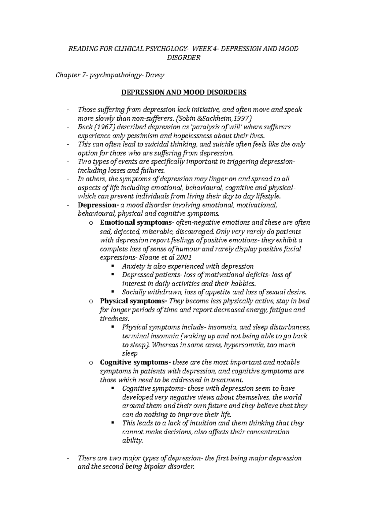 depression reading - READING FOR CLINICAL PSYCHOLOGY- WEEK 4 ...