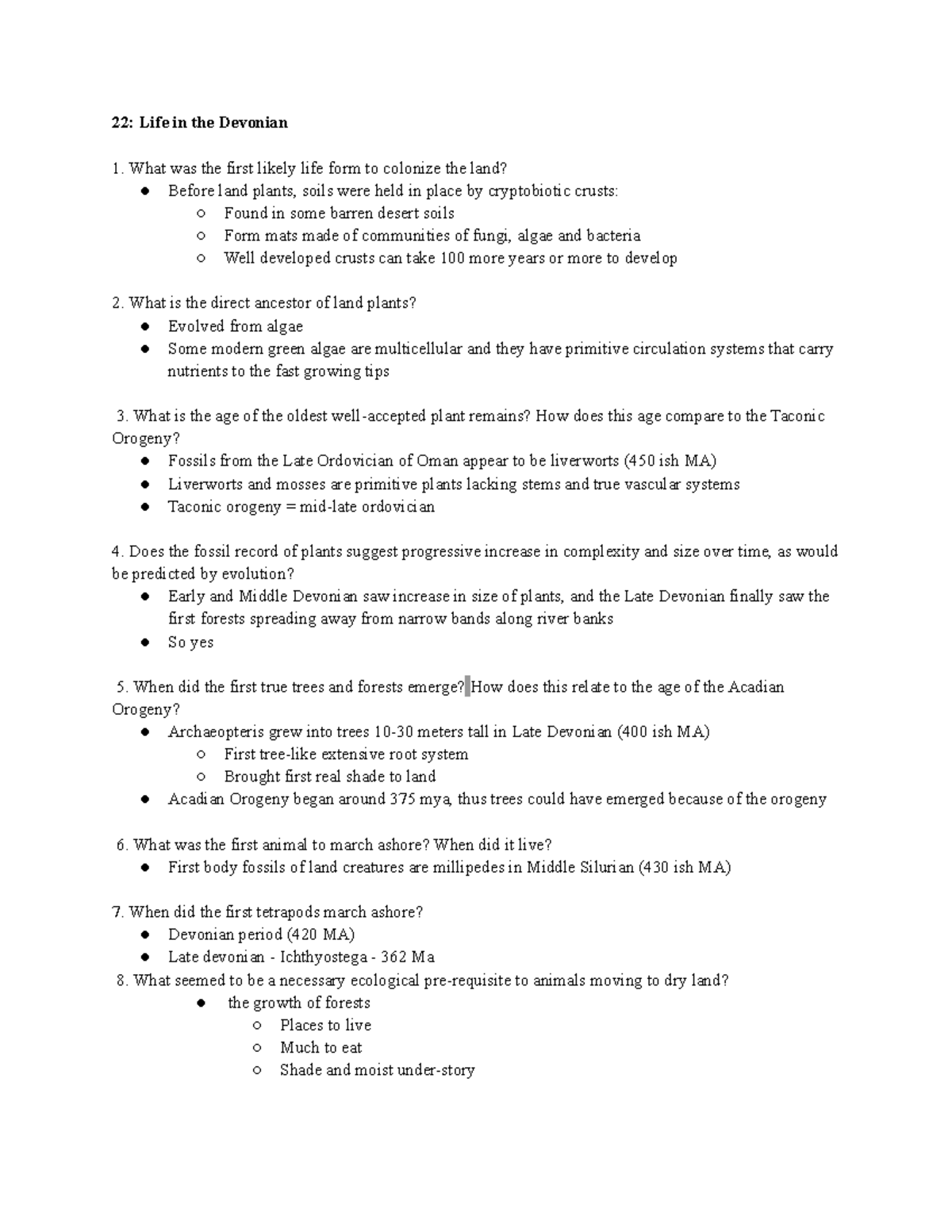 22-24 Reading questions - 22: Life in the Devonian What was the first ...