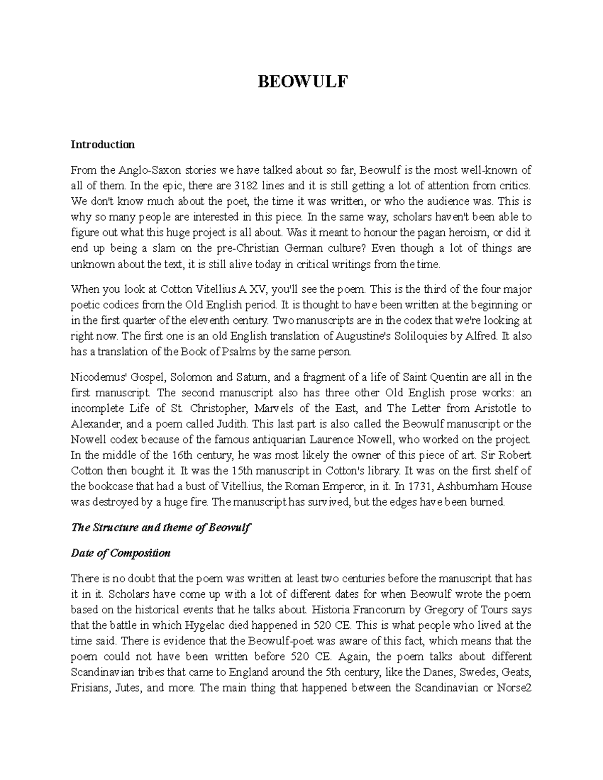 Beowulf - Lecture notes 6 - BEOWULF Introduction From the Anglo-Saxon ...