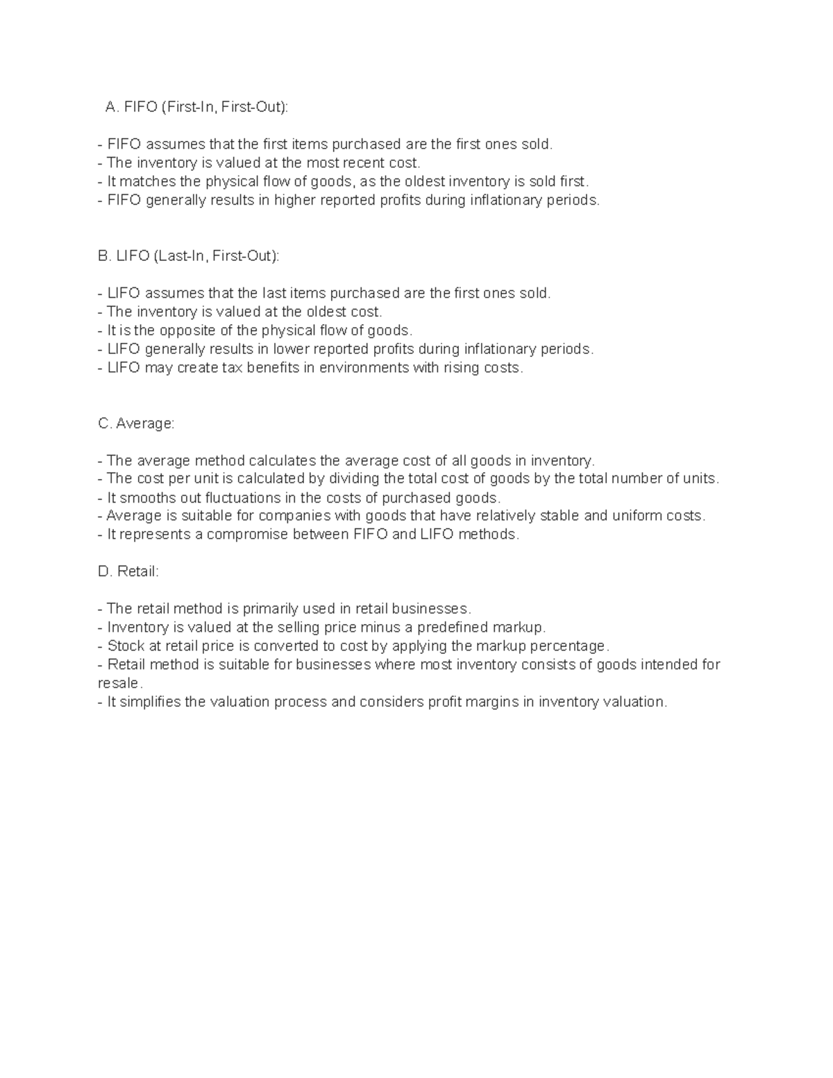 INVENTORY MANAGEMENT - A. FIFO (First-In, First-Out): FIFO assumes that ...