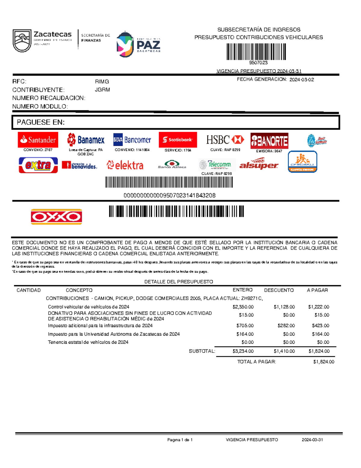 Formato Pago Electronico 9507023 - NUMERO MODULO: NUMERO RECAUDACION: FECHA GENERACION: 2024-03 ...