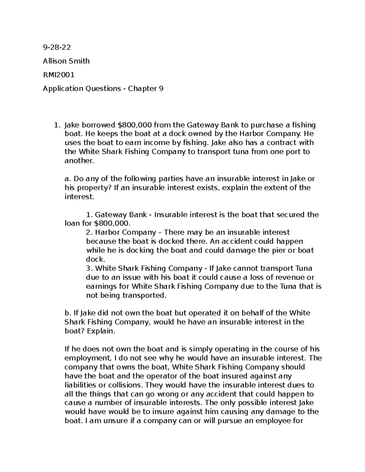 Allison Smith RMI2001 Chapter 9 Application Questions 9-29-22 - 9-28 ...