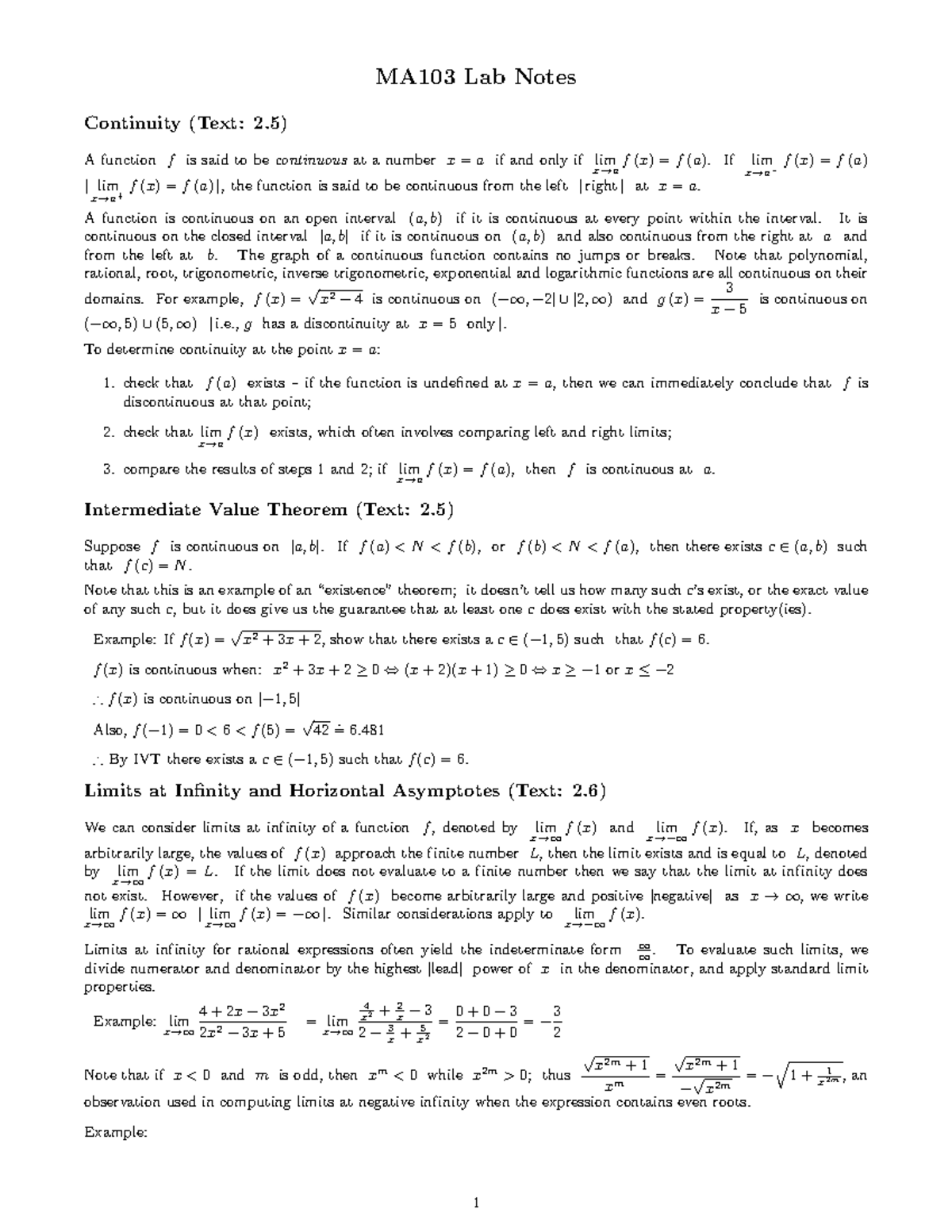 Ma103 Lab 2 notes - MA103 Lab Notes Continuity (Text: 2) A function f ...