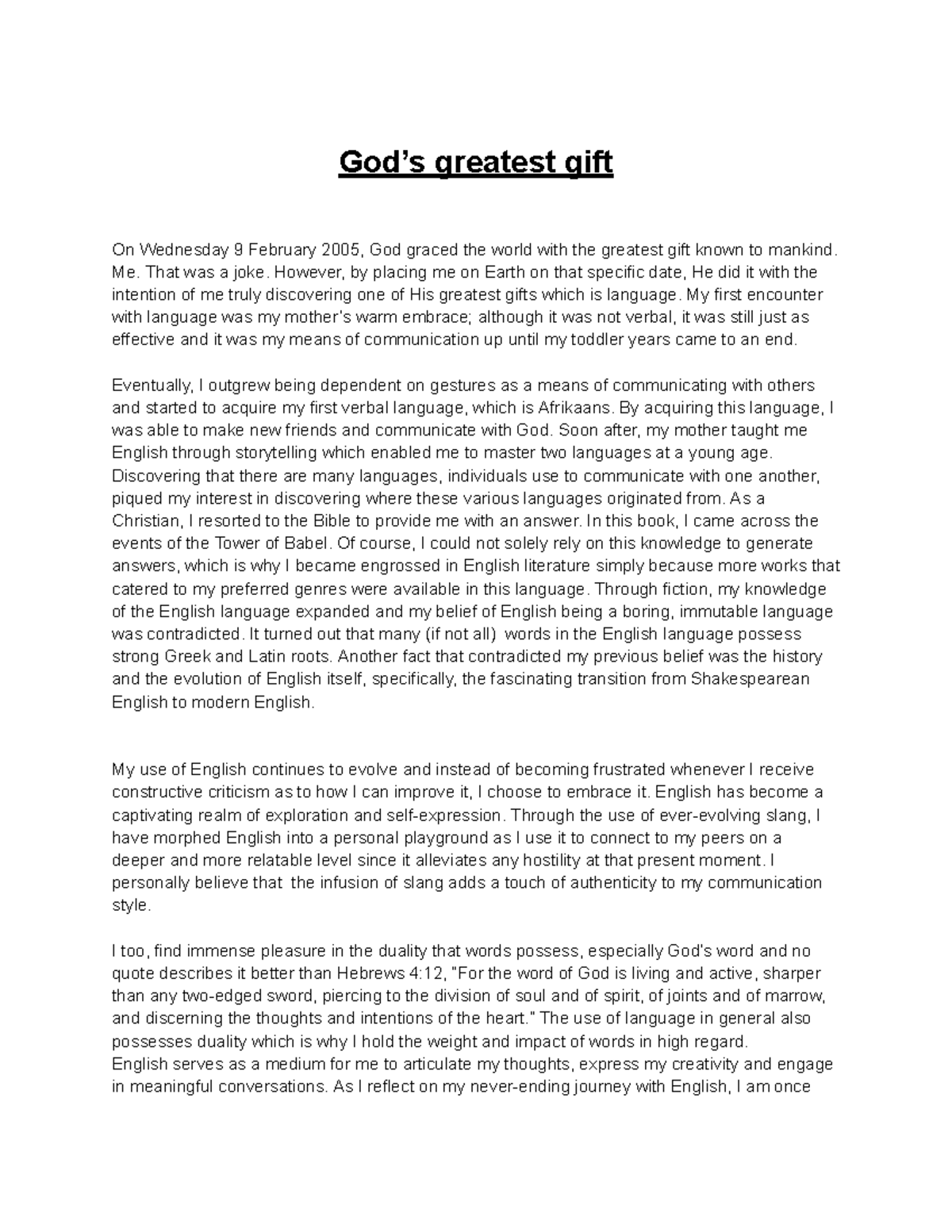 Uni: Personal Language Essay - God’s greatest gift On Wednesday 9 ...