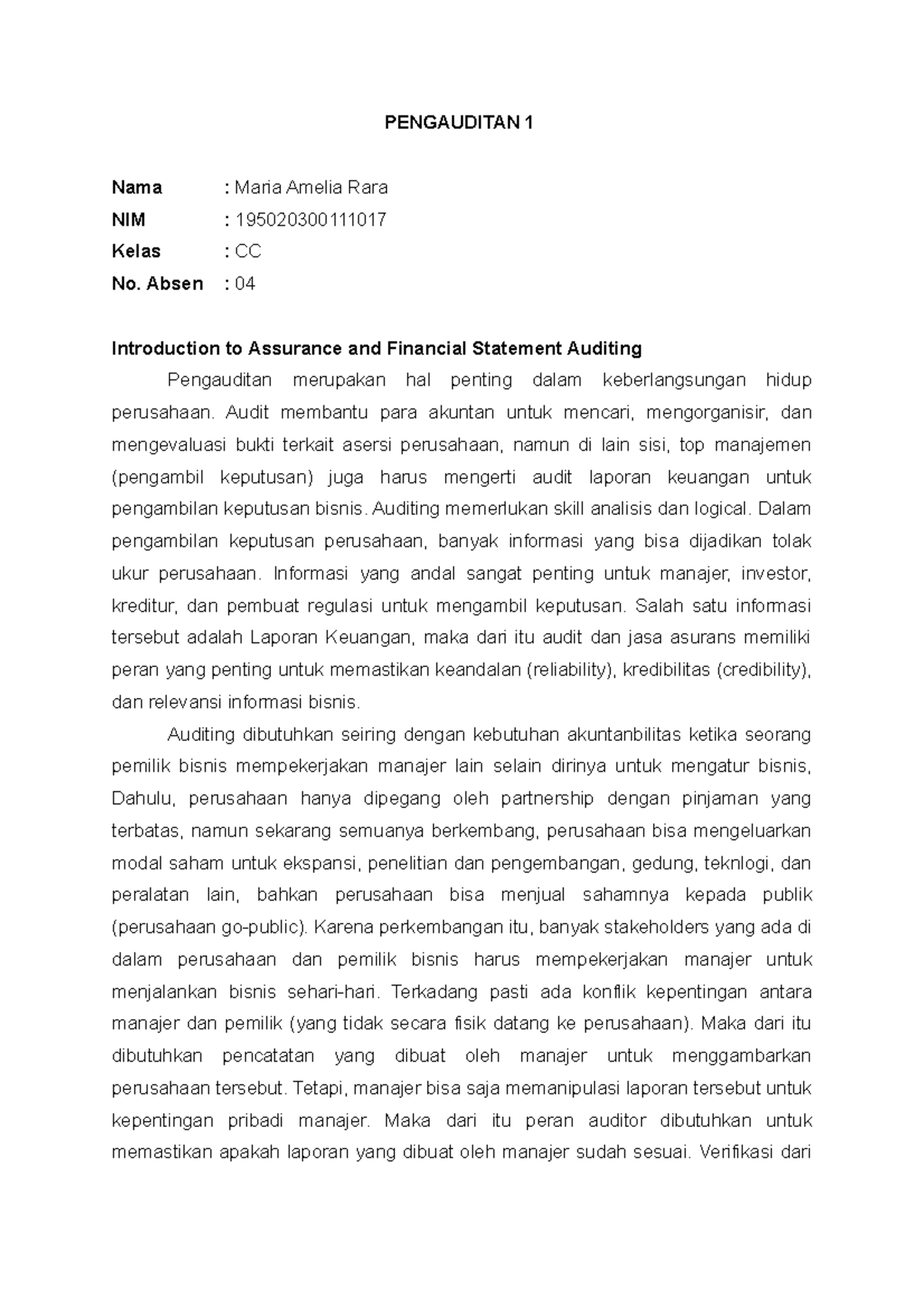 Overview of Financial Statement Analysis - PENGAUDITAN 1 Nama : Maria ...