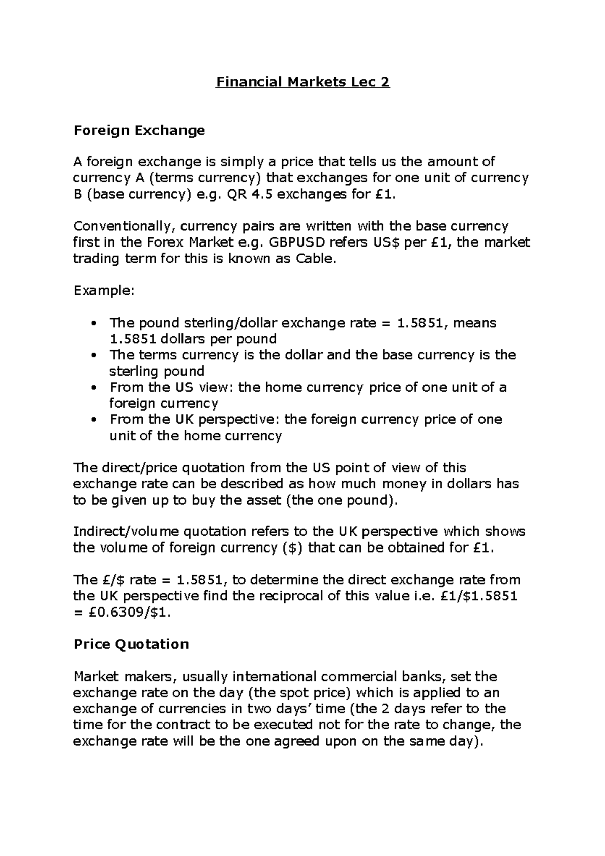 Financial Markets Lec 2 Notes - Financial Markets Lec 2 Foreign ...