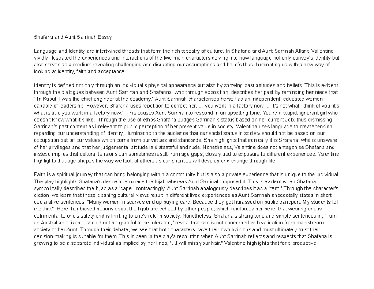 HSC Shafana and Aunt Sarrinah - Shafana and Aunt Sarrinah Essay ...