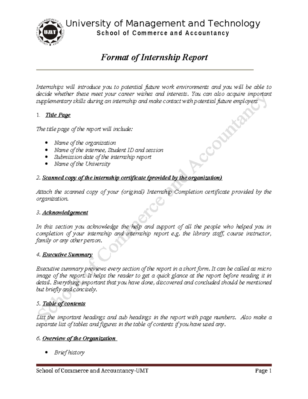 Internship Report Format - University of Management and Technology S c ...