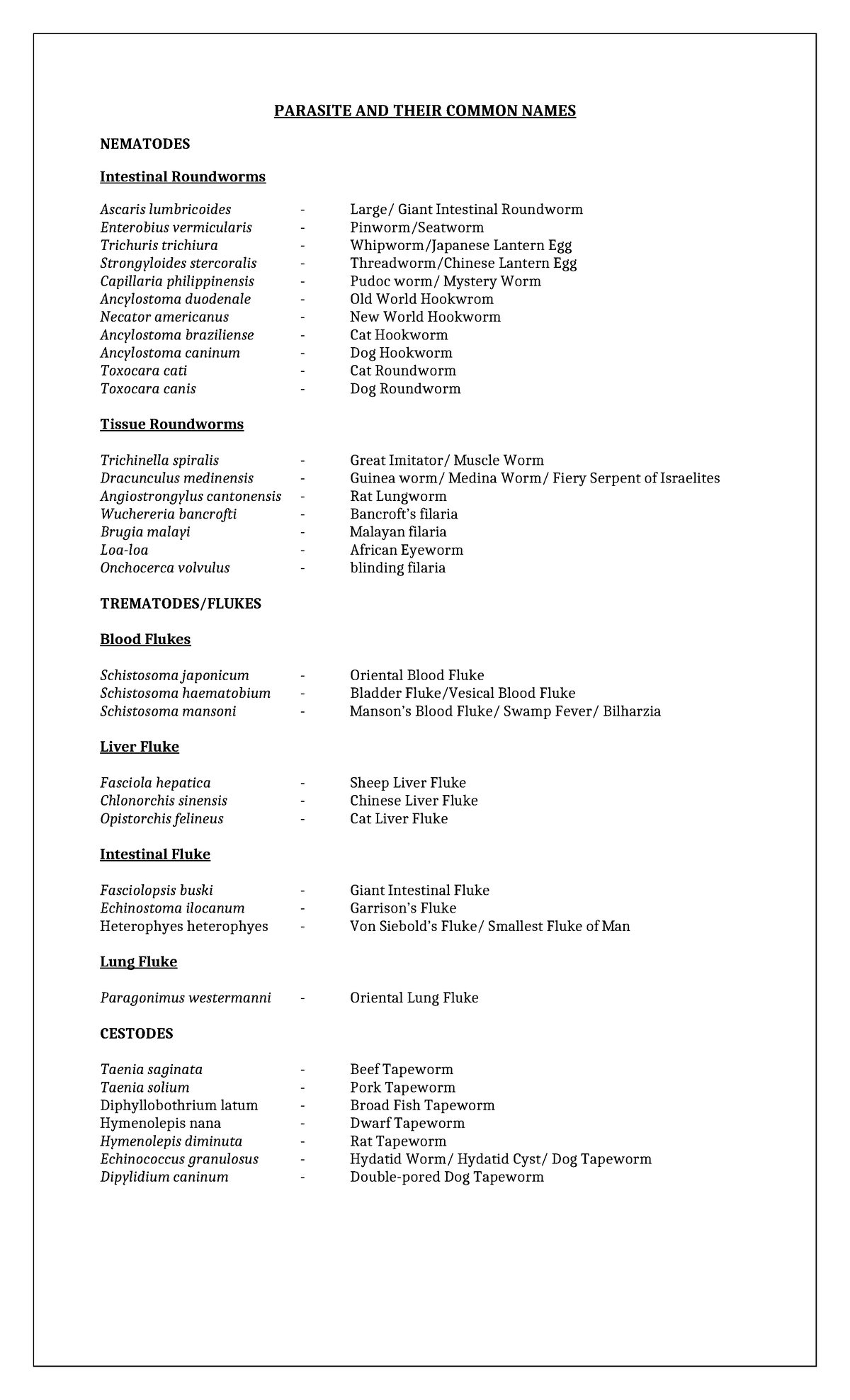 Parasite AND Their Common Names - PARASITE AND THEIR COMMON NAMES ...