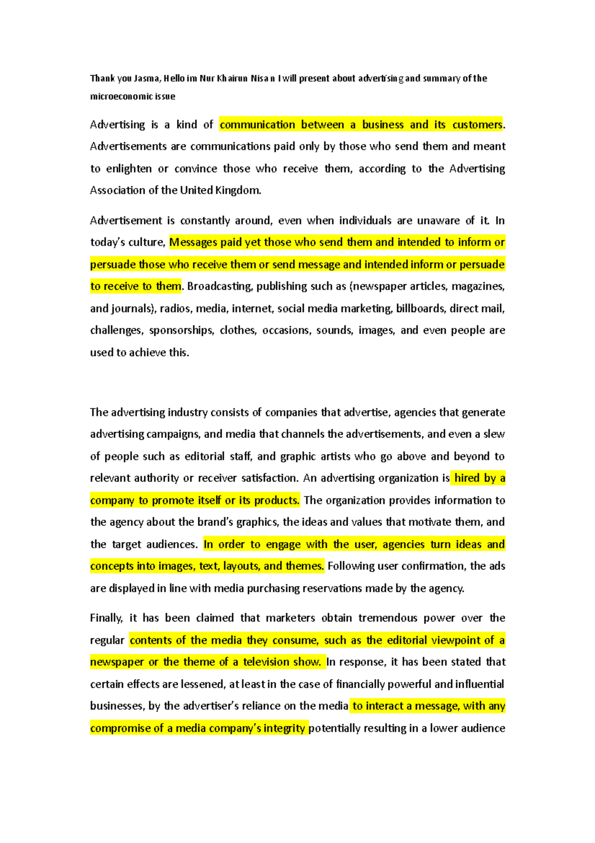 Script eco - academic purpose - Thank you Jasma, Hello im Nur Khairun ...