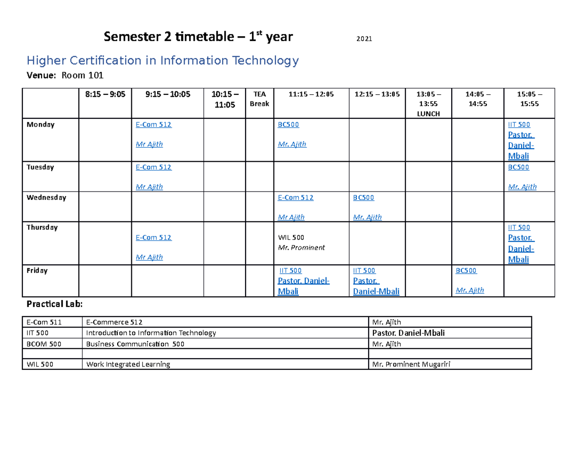 1st Year Timetable 2021 For you to stay updates as always - Higher ...