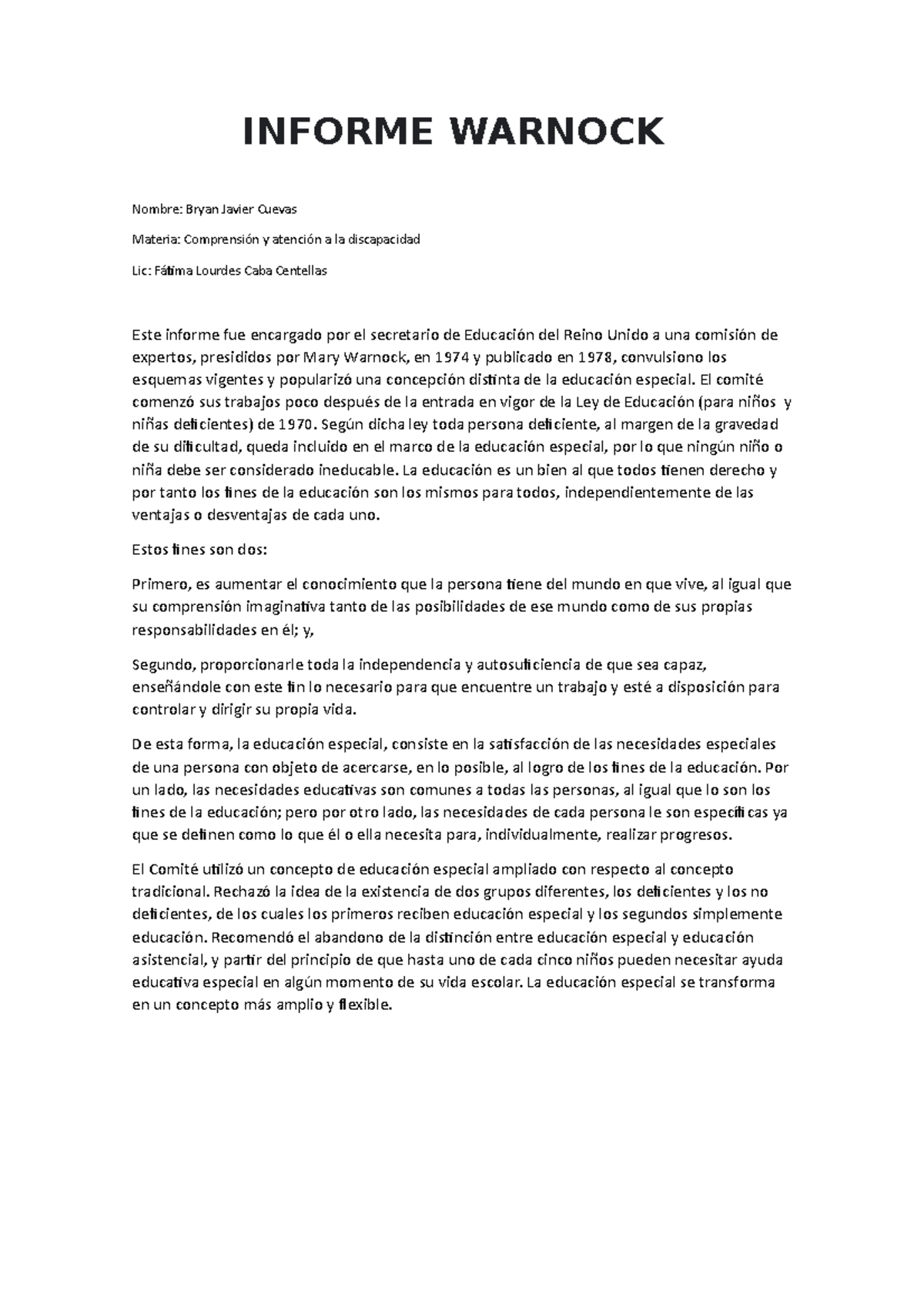 Bryan Javier Cuevas - Disfruten - INFORME WARNOCK Nombre: Bryan Javier Cuevas Materia ...