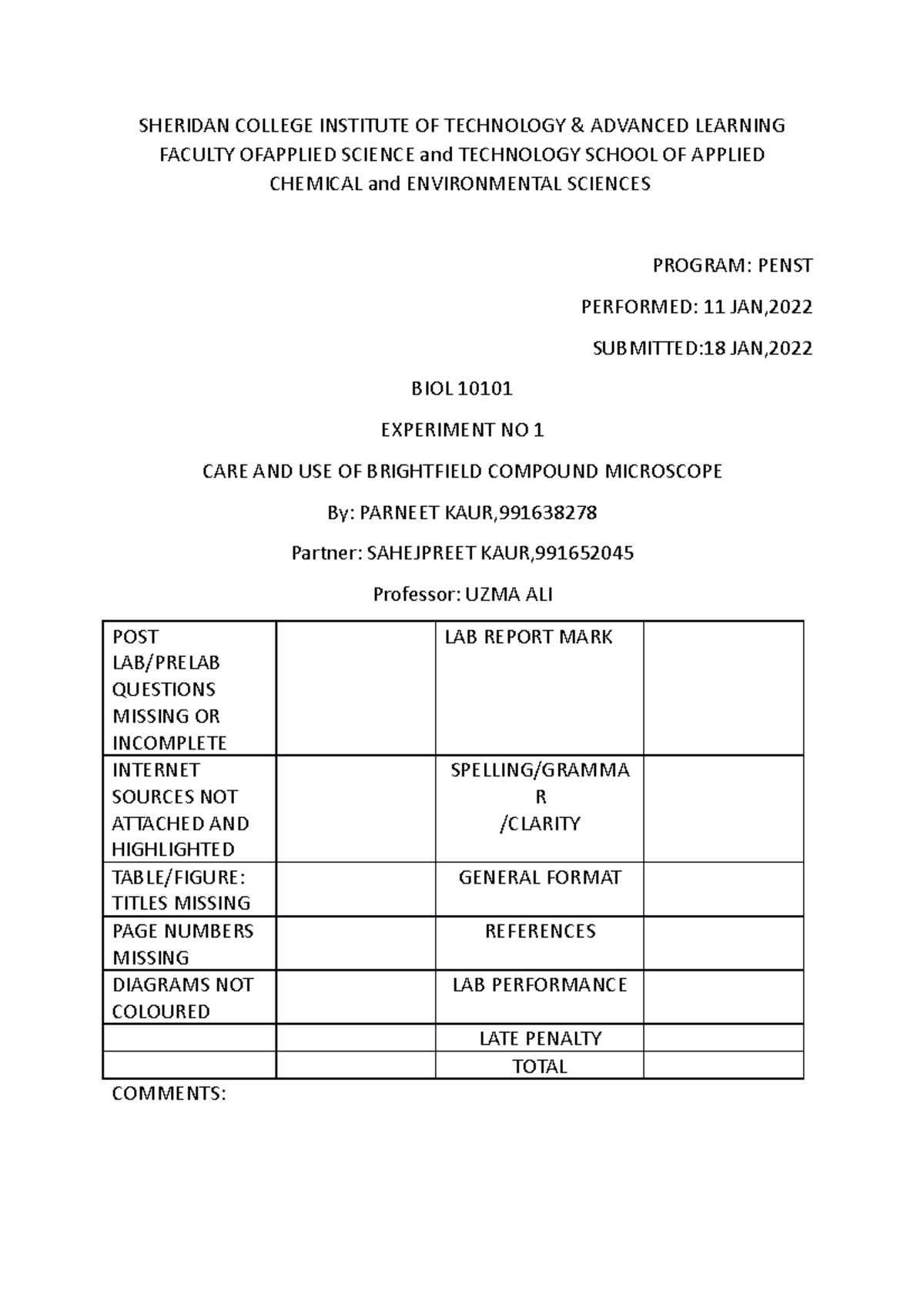 Micro LAB Report 1 - nursing lab 1 - SHERIDAN COLLEGE INSTITUTE OF ...