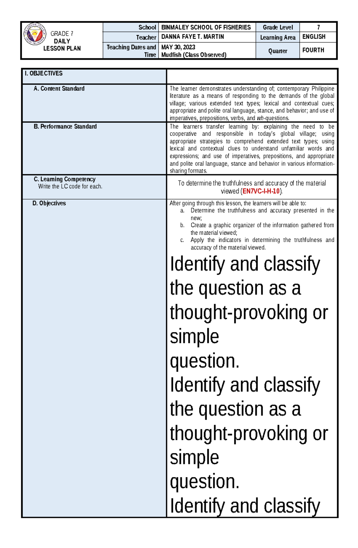 Sample-DLP - Sample daily lesson plan - GRADE 7 DAILY LESSON PLAN ...