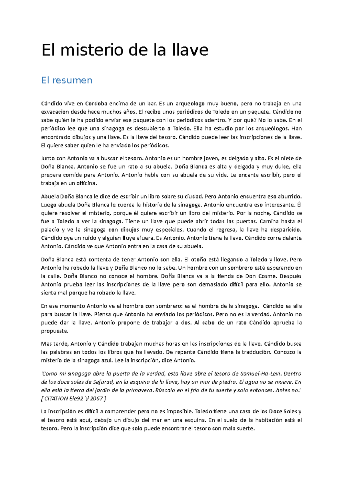 El misterio de la llave samenvatting - El misterio de la llave El ...