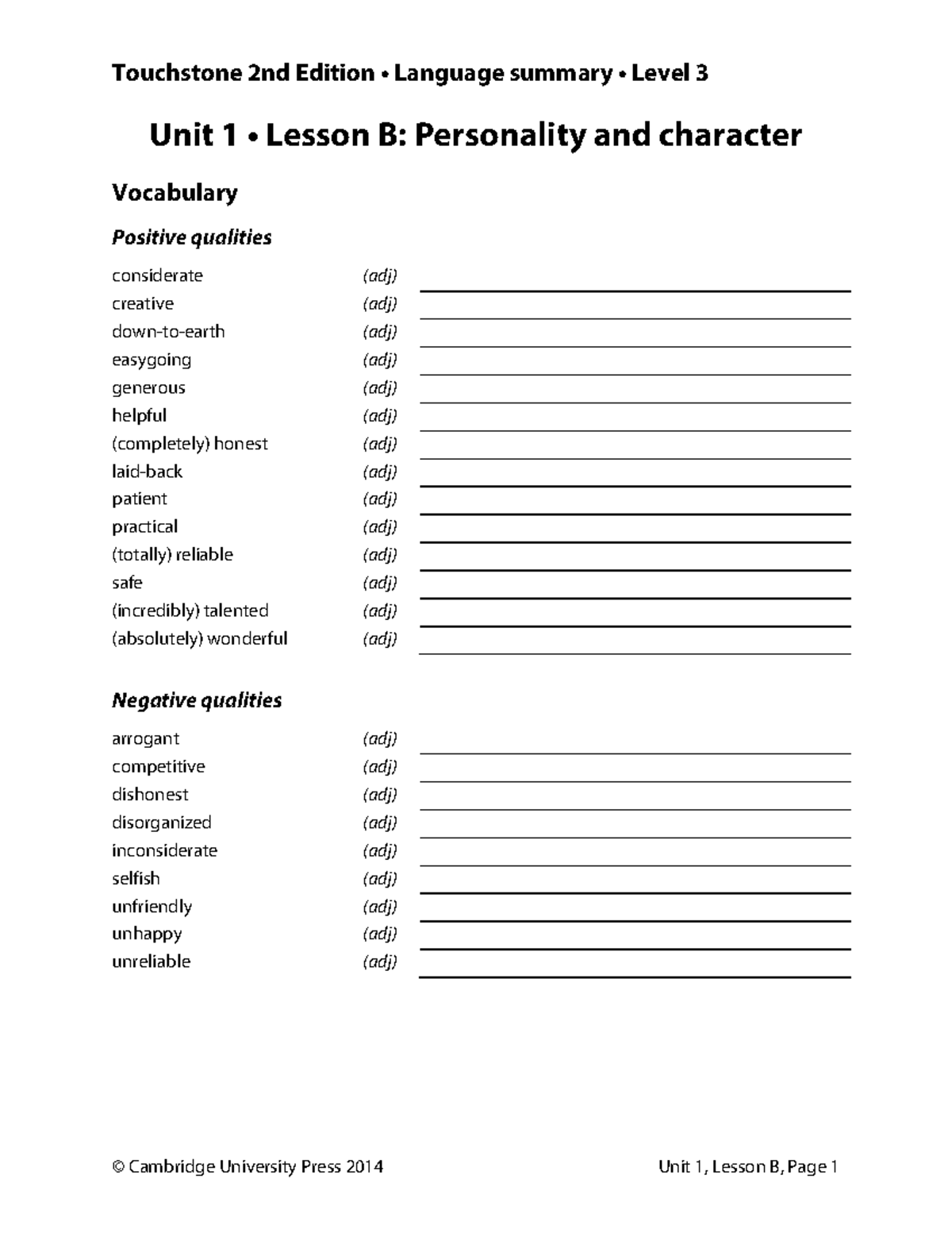 TS2e L3 U1 LB Langsum - Touchstone 2nd Edition • Language summary • Level 3 Unit 1 • Lesson B ...