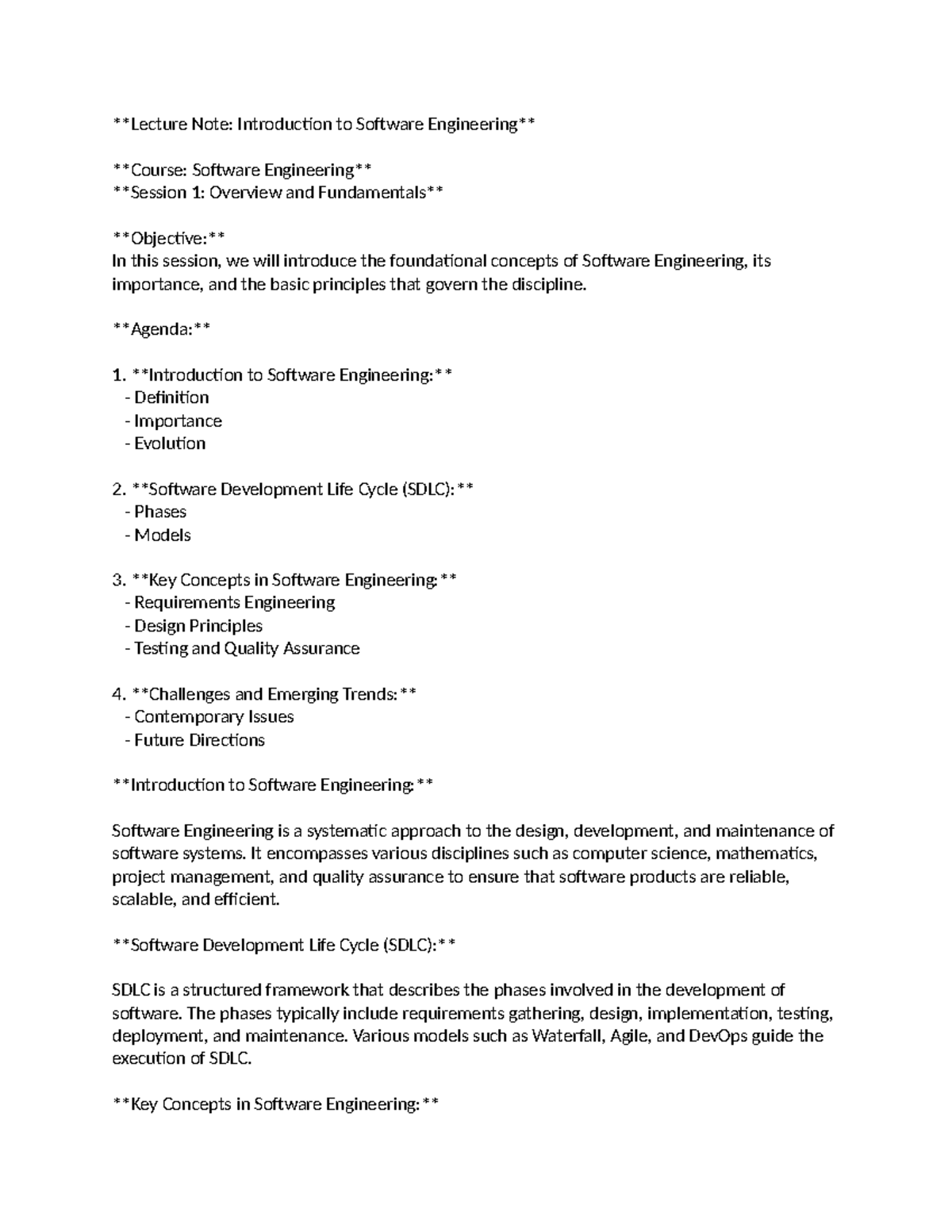 SE1 lec1 notes - Lecture Note: Introduction to Software Engineering ...