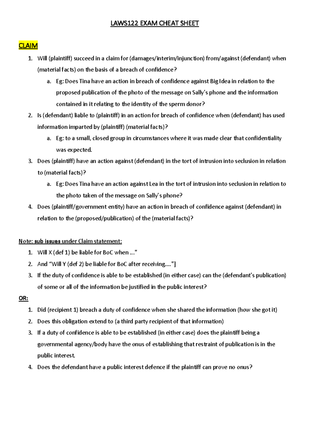 LAWS122 Final TEST Cheat Sheet - LAWS122 EXAM CHEAT SHEET CLAIM Will ...