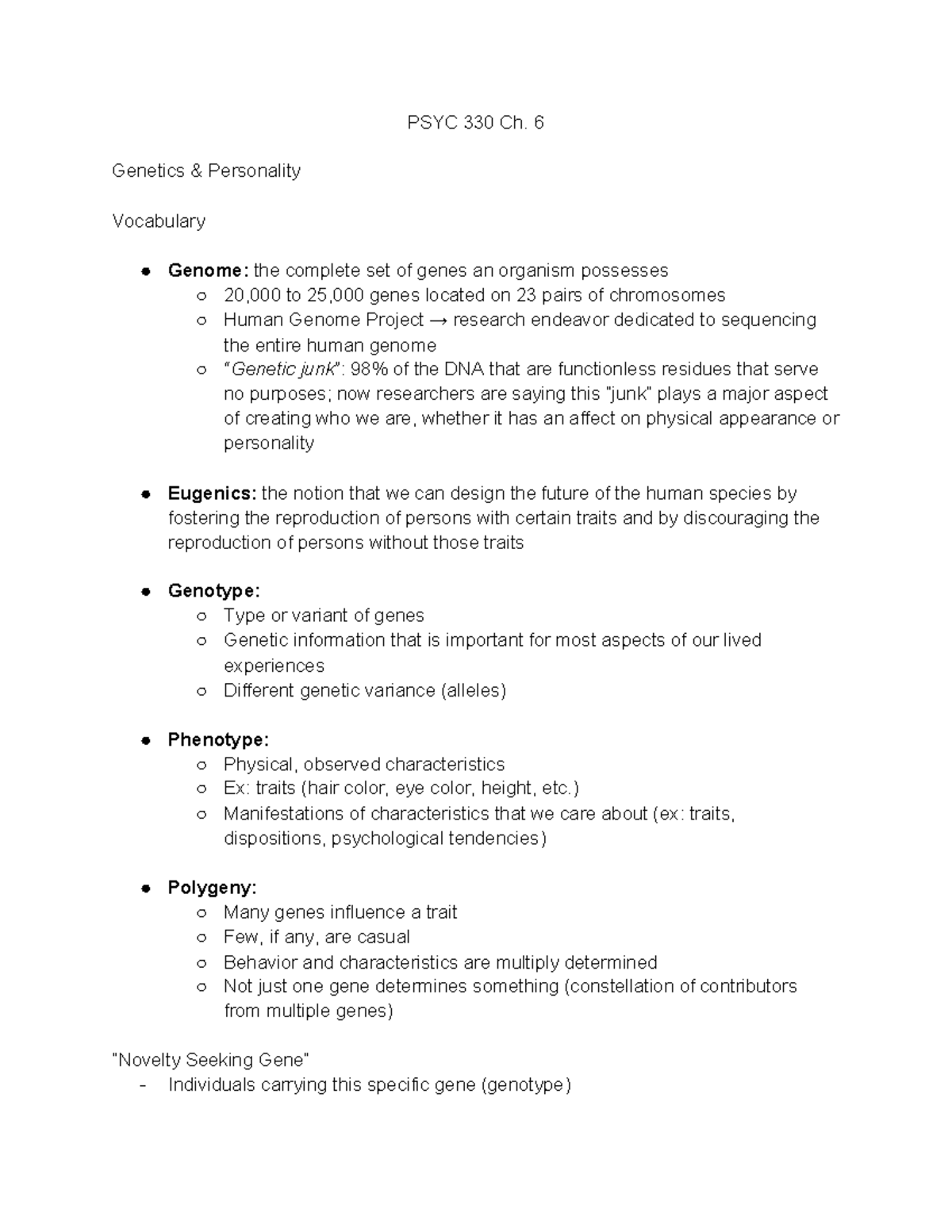 PSYC 330 Ch. 6 & 7 - Chapter summaries - PSYC 330 Ch. 6 Genetics & Personality Vocabulary - Studocu