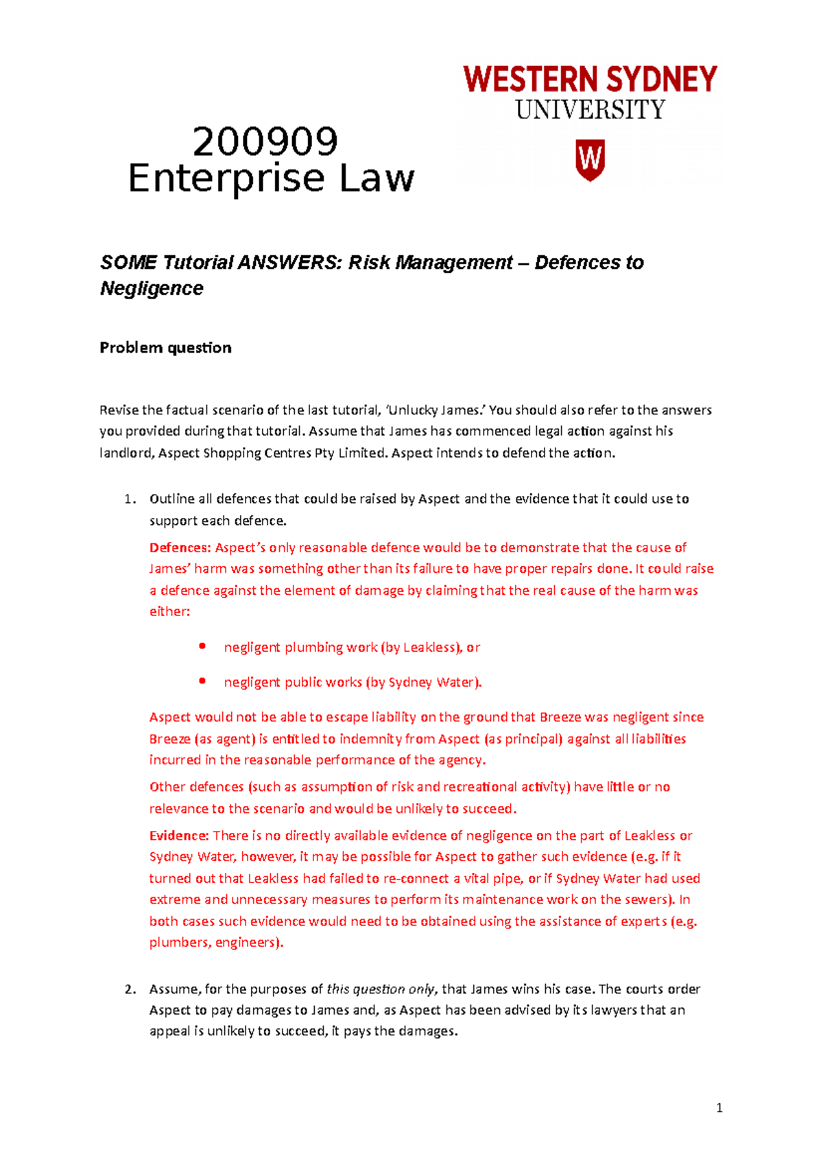 Defences to Negligence - 200909 Enterprise Law SOME Tutorial ANSWERS ...