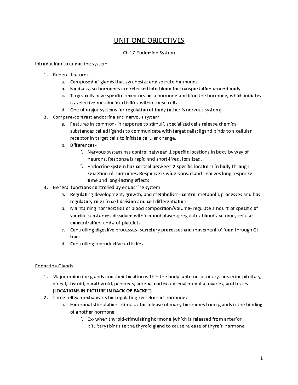 Unit 1 objectives - endocrine and reproductive system - UNIT ONE ...