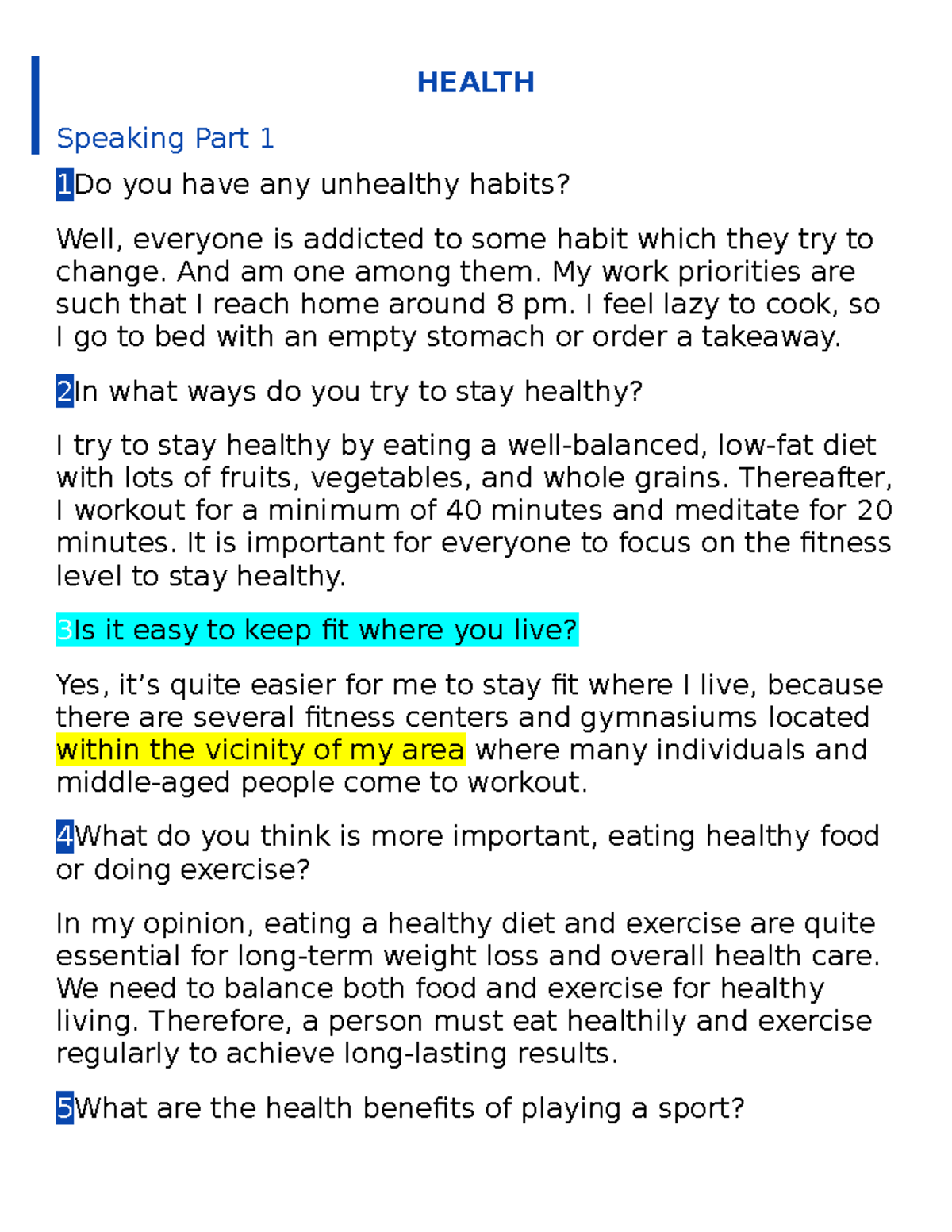 Health - HEALTH Speaking Part 1 1 Do you have any unhealthy habits ...