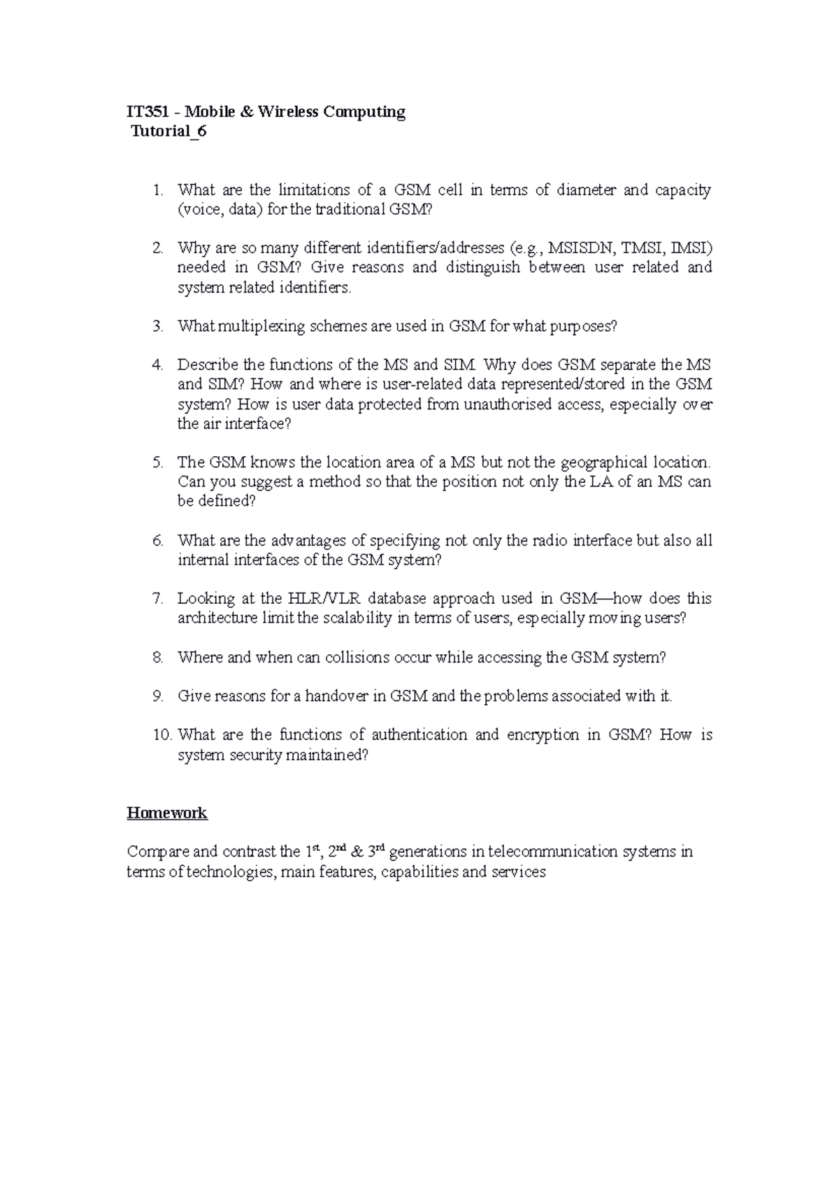 Tutorial 6 answers - ser se - IT351 - Mobile & Wireless Computing ...