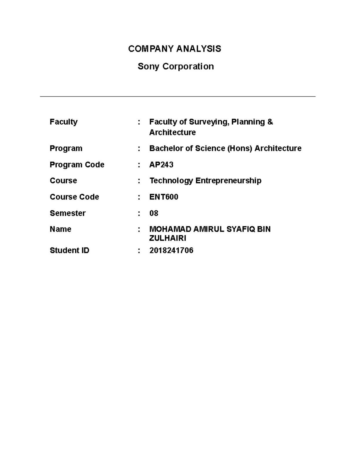 Company Analysis - UiTM Perak - COMPANY ANALYSIS Sony Corporation ...